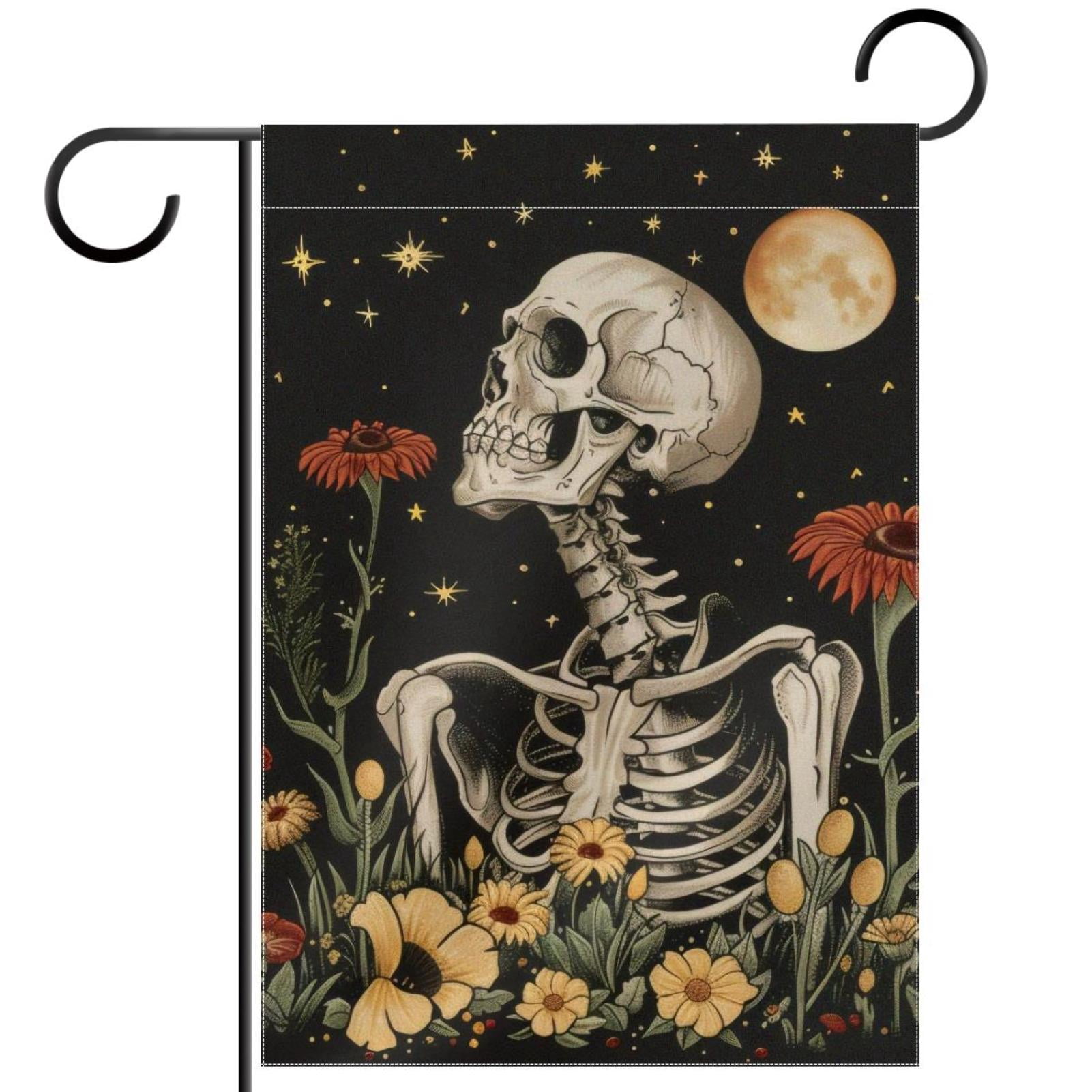 Welcome Skeleton with Mushroom Plants Flowers Moon and Stars Pattern ...