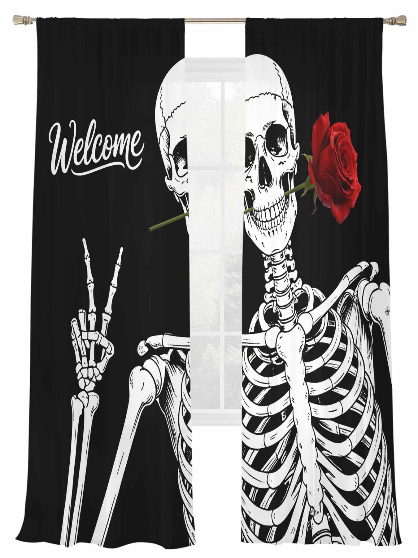 Welcome Skeleton Sheer Curtains 2 Panels Set Abstract Funny Skull ...