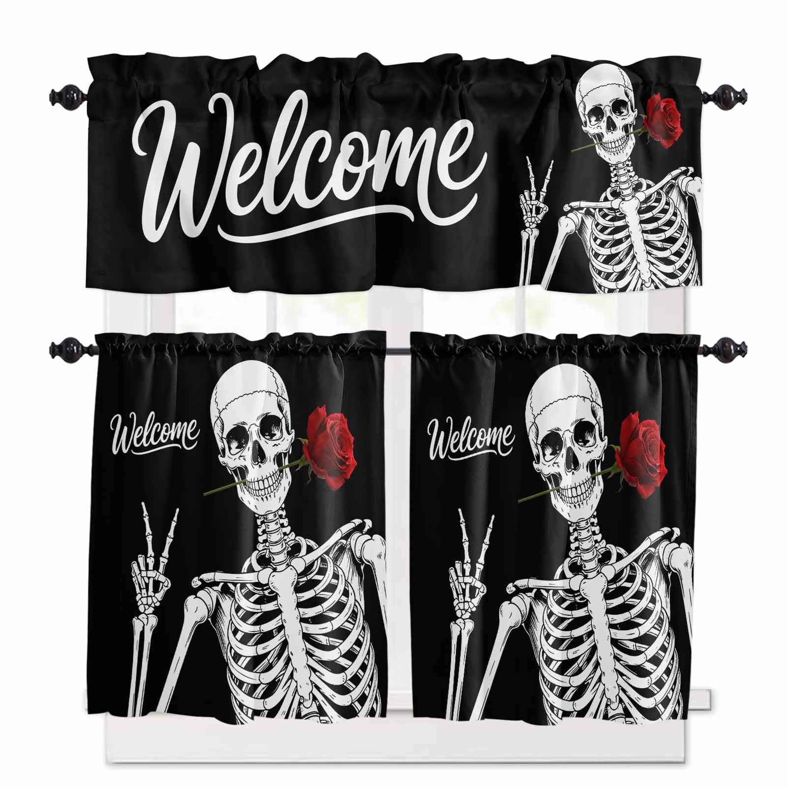 Welcome Skeleton Window Curtains Valance Set of 3 Abstract Funny Skull ...