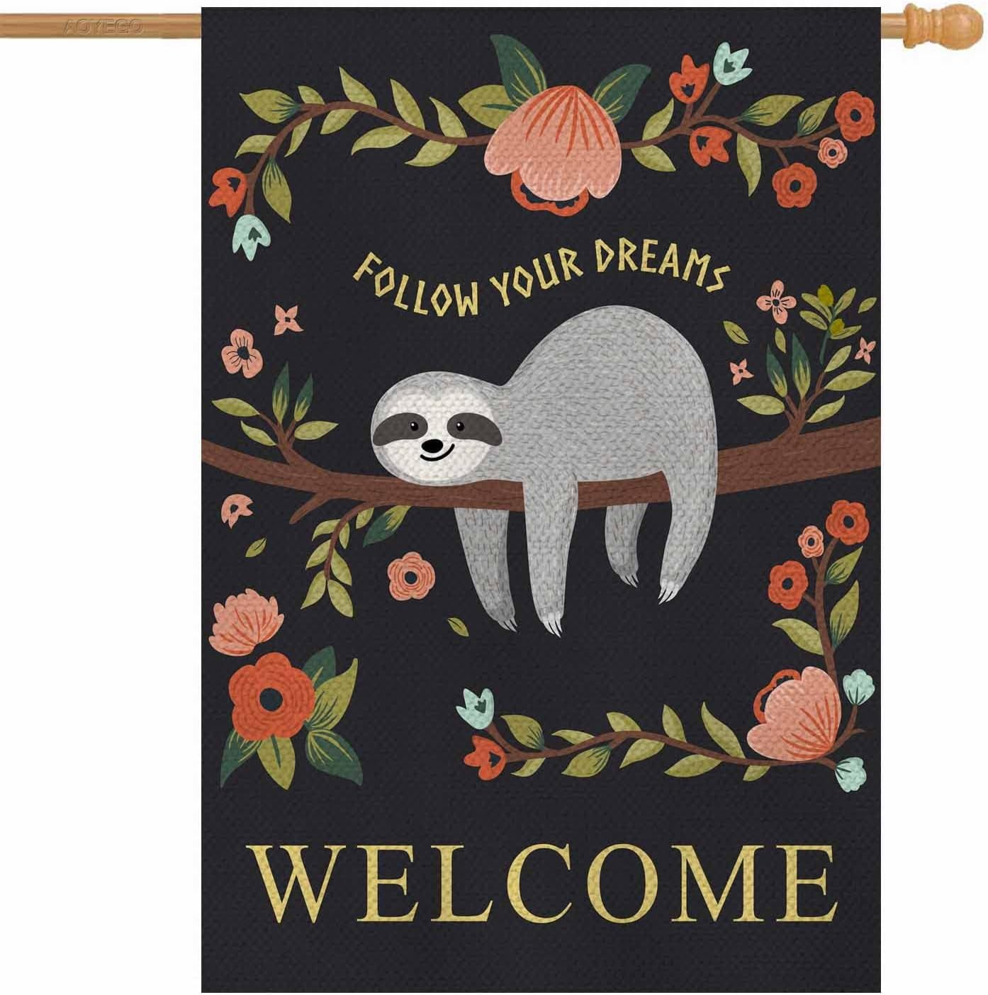 Welcome Sloth House Flag Vertical Double Sided Burlap Cute Baby Sloth ...