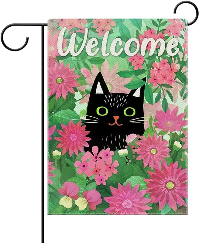 Welcome Spring Black Cat Decorative Garden Flag, Kitty House Yard Lawn ...