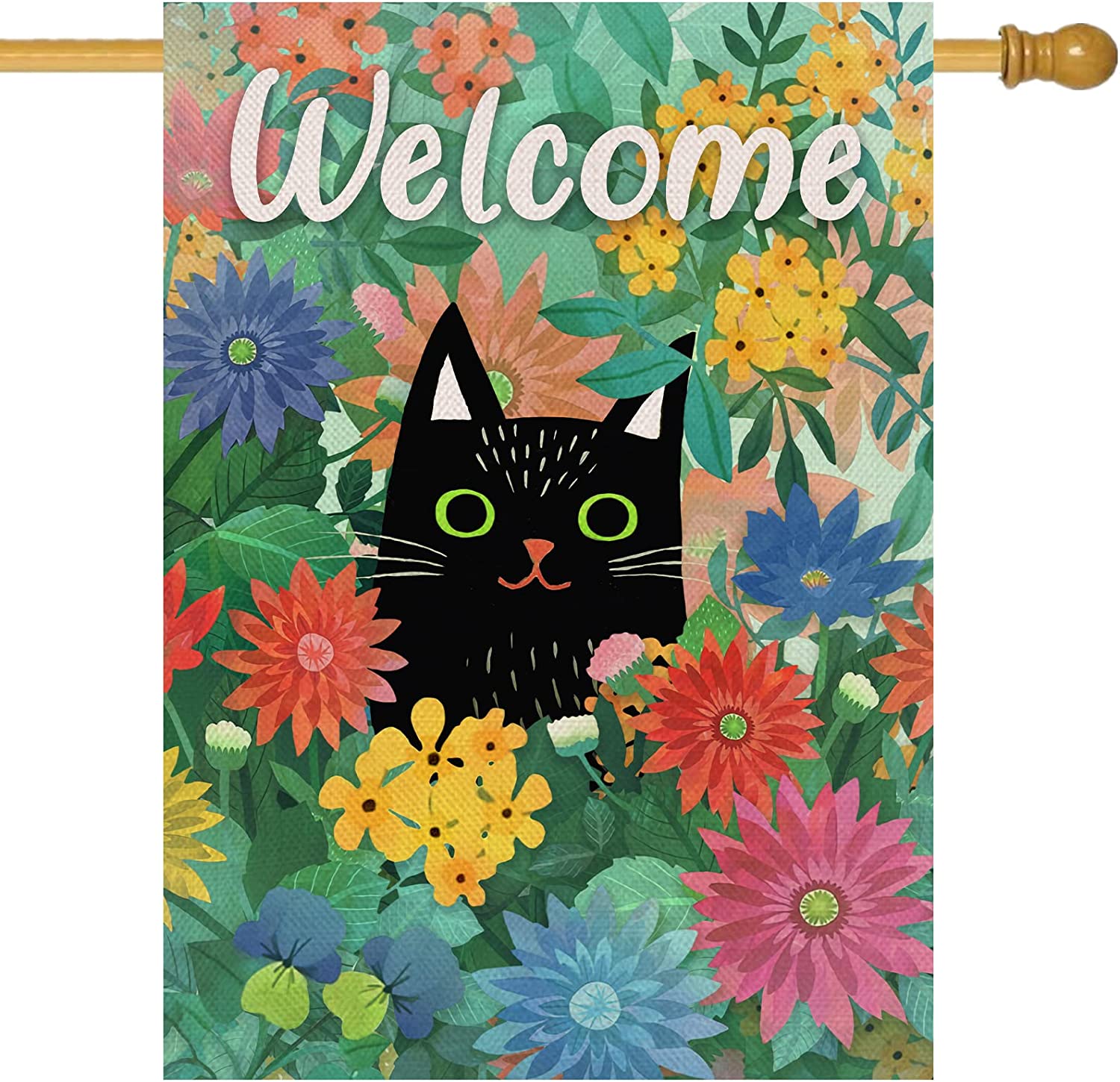 Welcome Spring Black Cat Decorative House Flag, Kitty Garden Yard Lawn ...