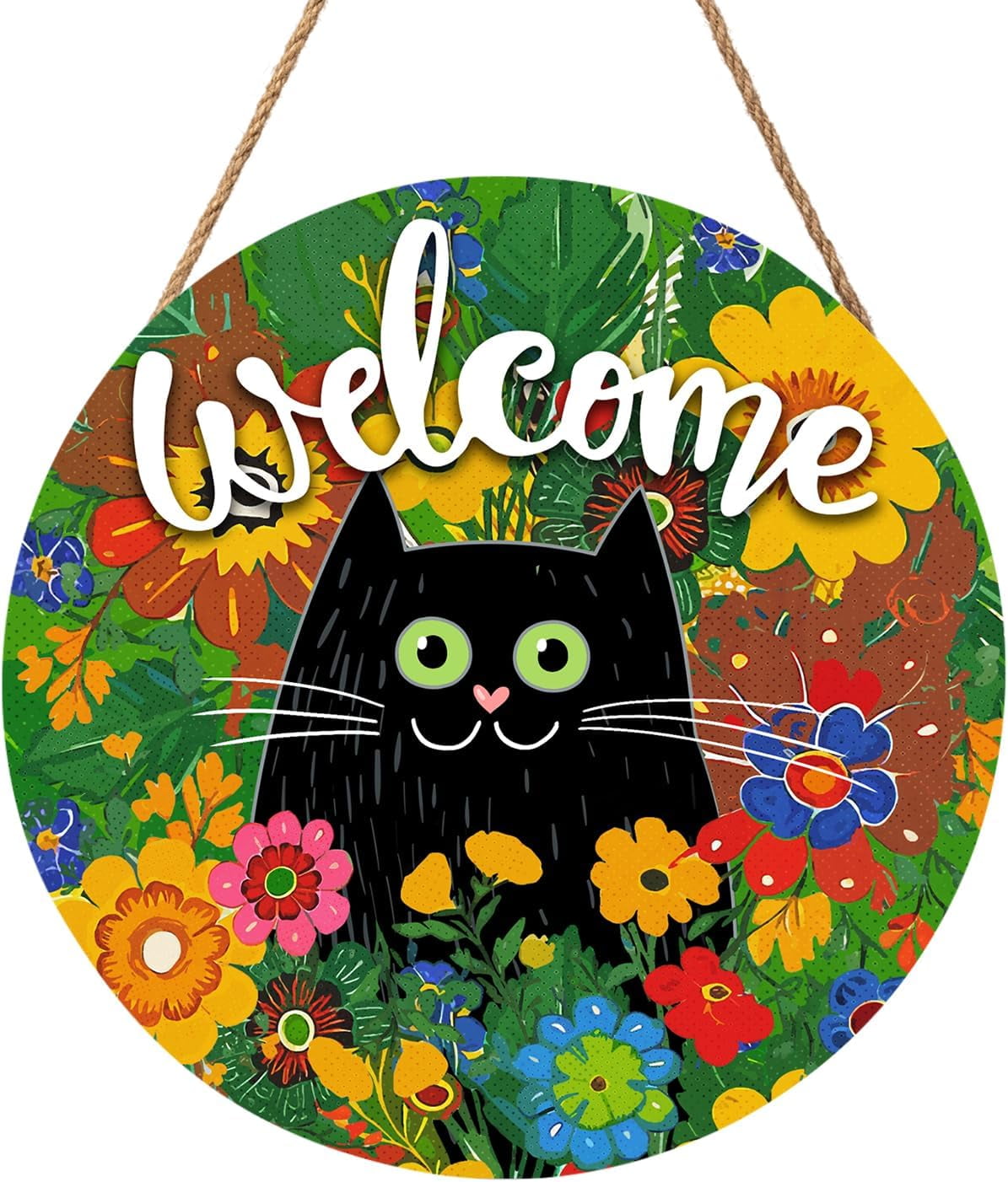 Welcome Spring Black Cat Sign for Front Door Decor Spring Summer ...