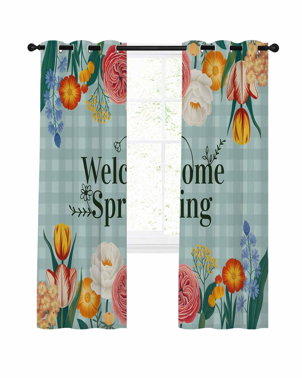 Welcome Spring Blackout Curtains 45 Inch Length Watercolor Flowers ...