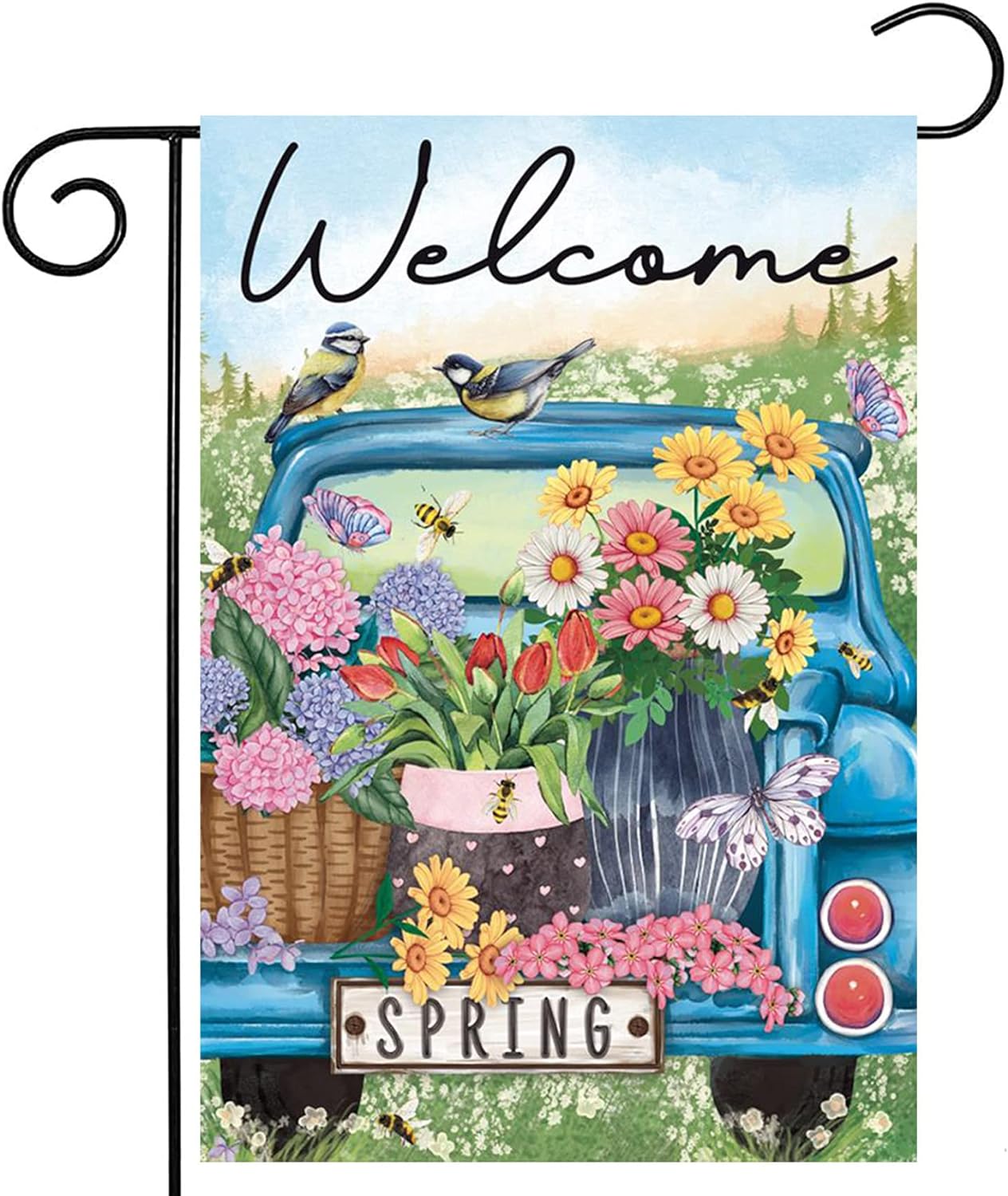 Welcome Spring Blue Truck Garden Flag Outdoor Daisy Flowers Lawn Porch ...