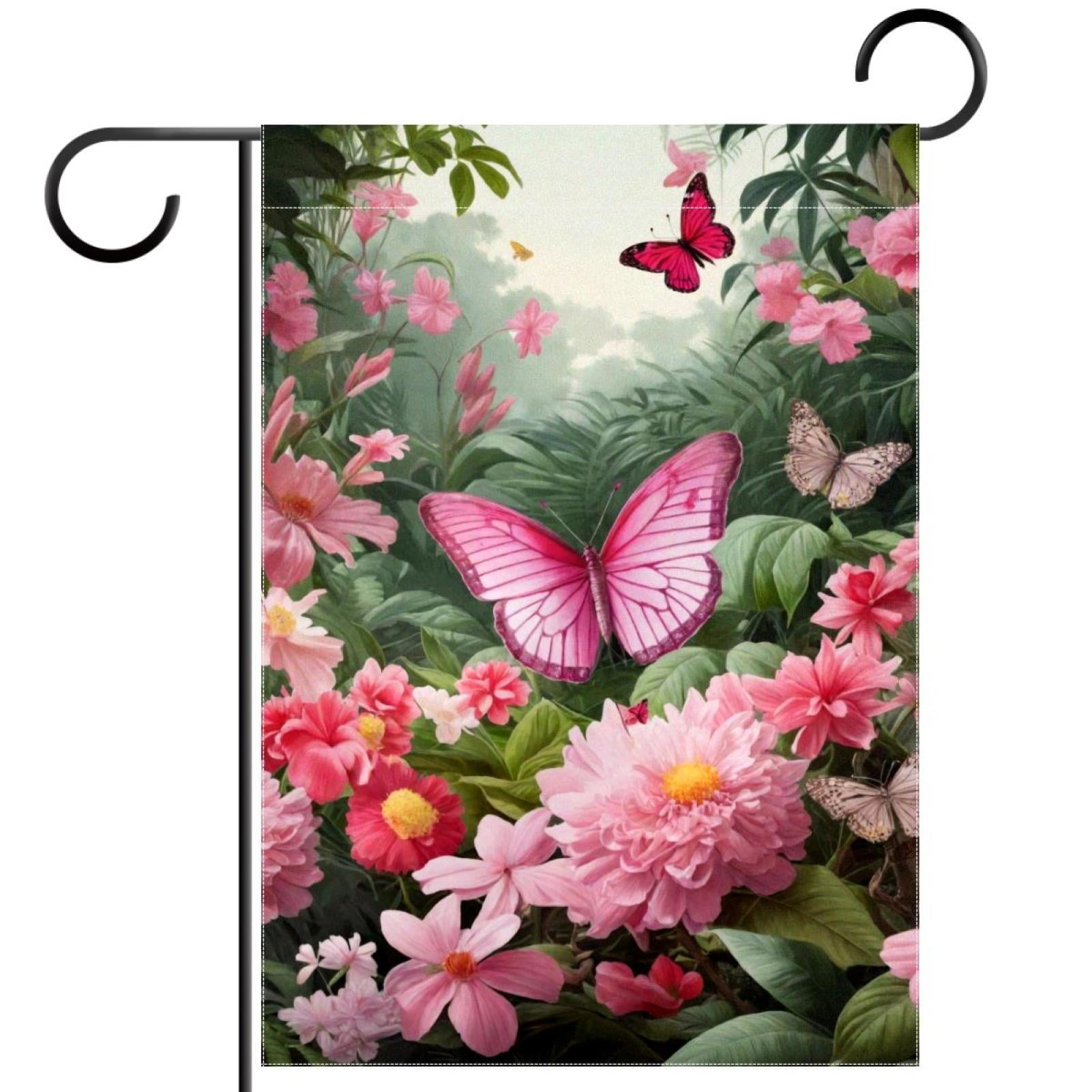 Welcome Spring Botanical Pink Flowers Butterfly Jungle Pattern Garden ...