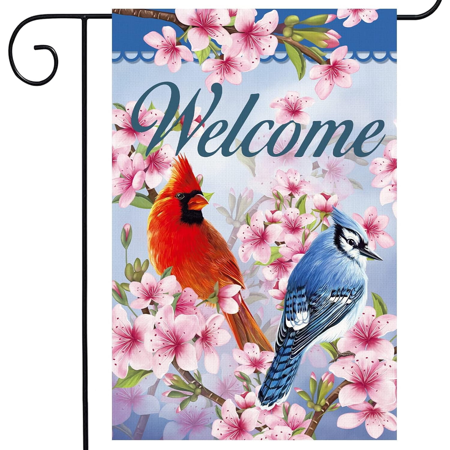 Welcome Spring Cardinal Garden Flag Double Sided Vertical Pink Flowers ...