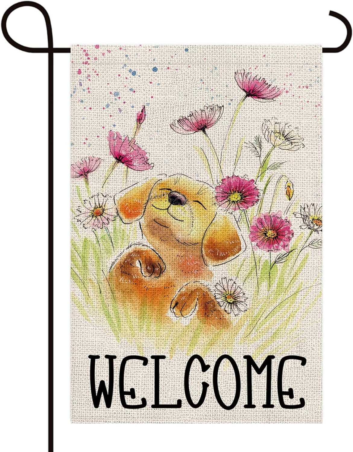 Welcome Spring Daisy Flower Dog Puppy Double Sided Vertical Burlap ...