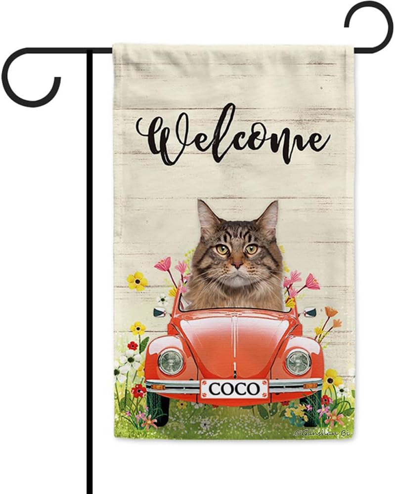 Welcome Spring Dog Garden Flag Maine Coon Driving a Vintage Car Summer ...