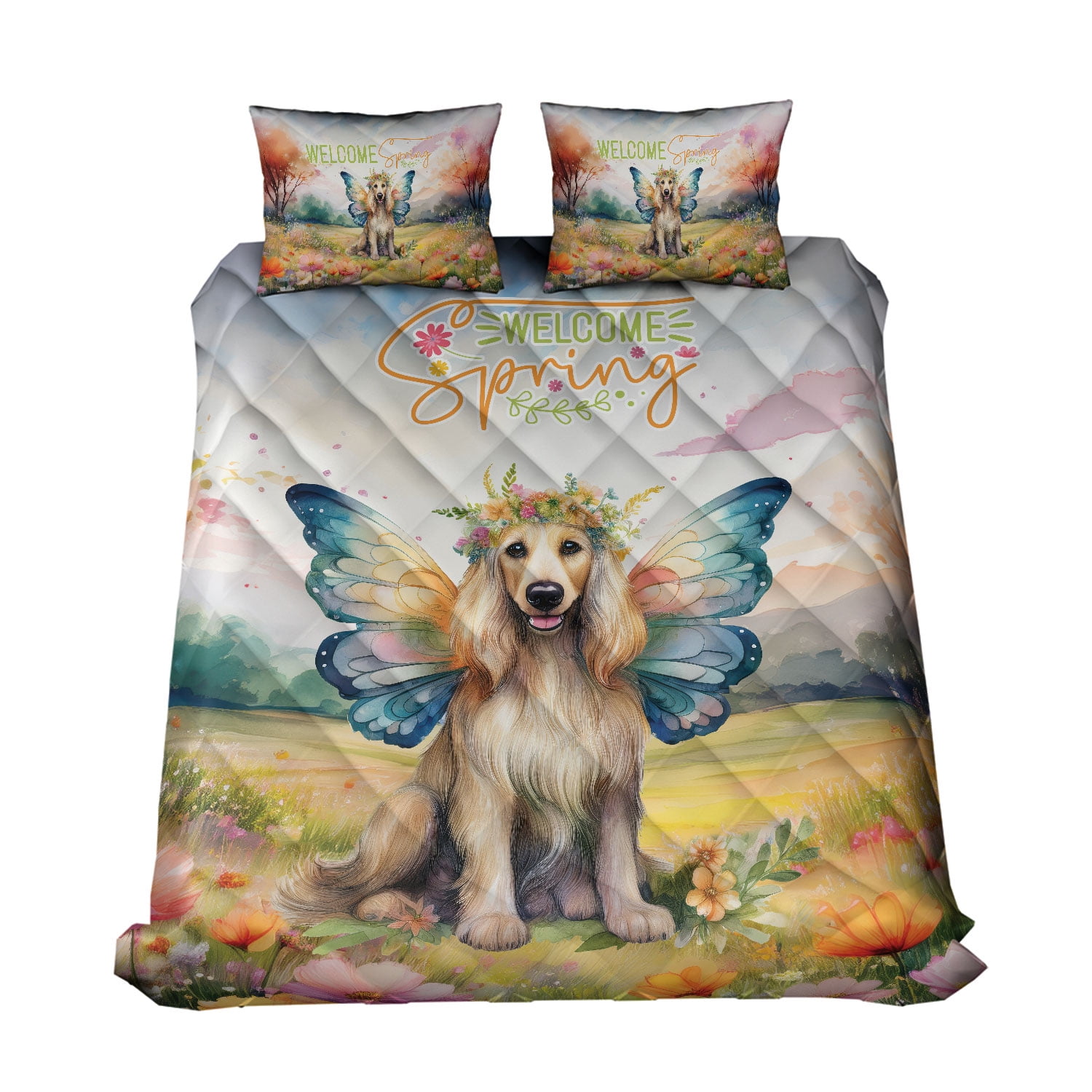 Welcome Spring Fairy Afghan Hound in Flower Meadow Quilt Bedding Set ...