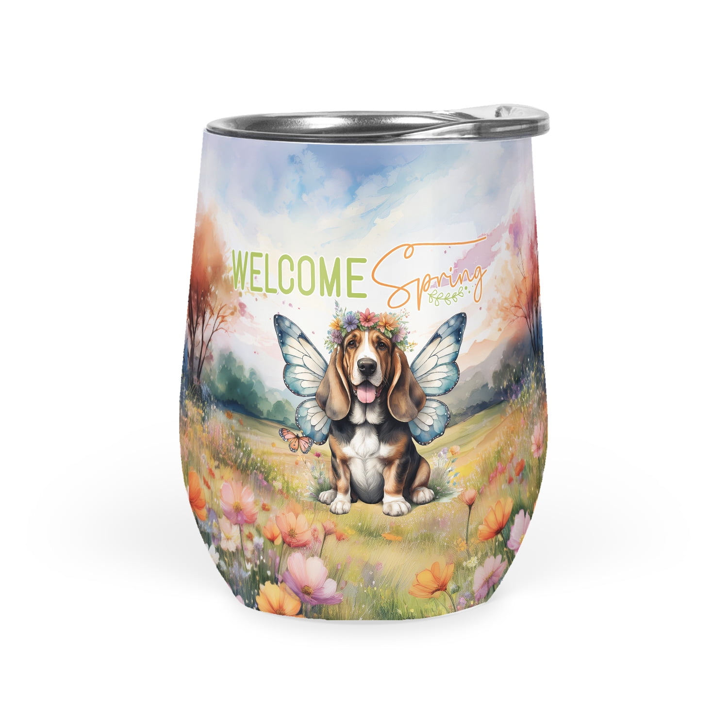 Welcome Spring Fairy Basset Hound in Flower Meadow 12oz Stainless Steel ...