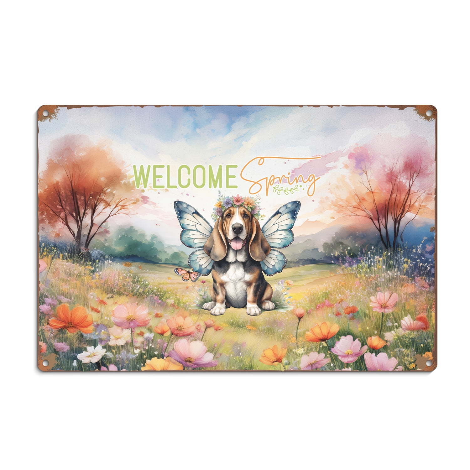 Welcome Spring Fairy Basset Hound in Flower Meadow Horizontal Metal ...