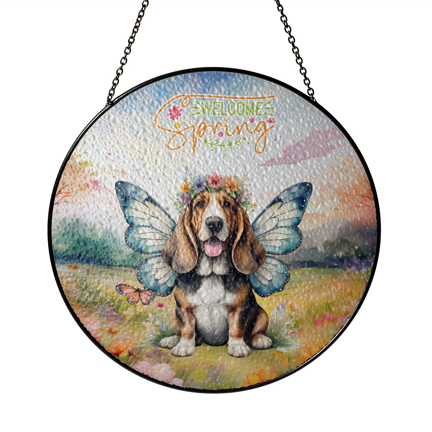 Welcome Spring Fairy Basset Hound in Flower Meadow Stained Glass ...