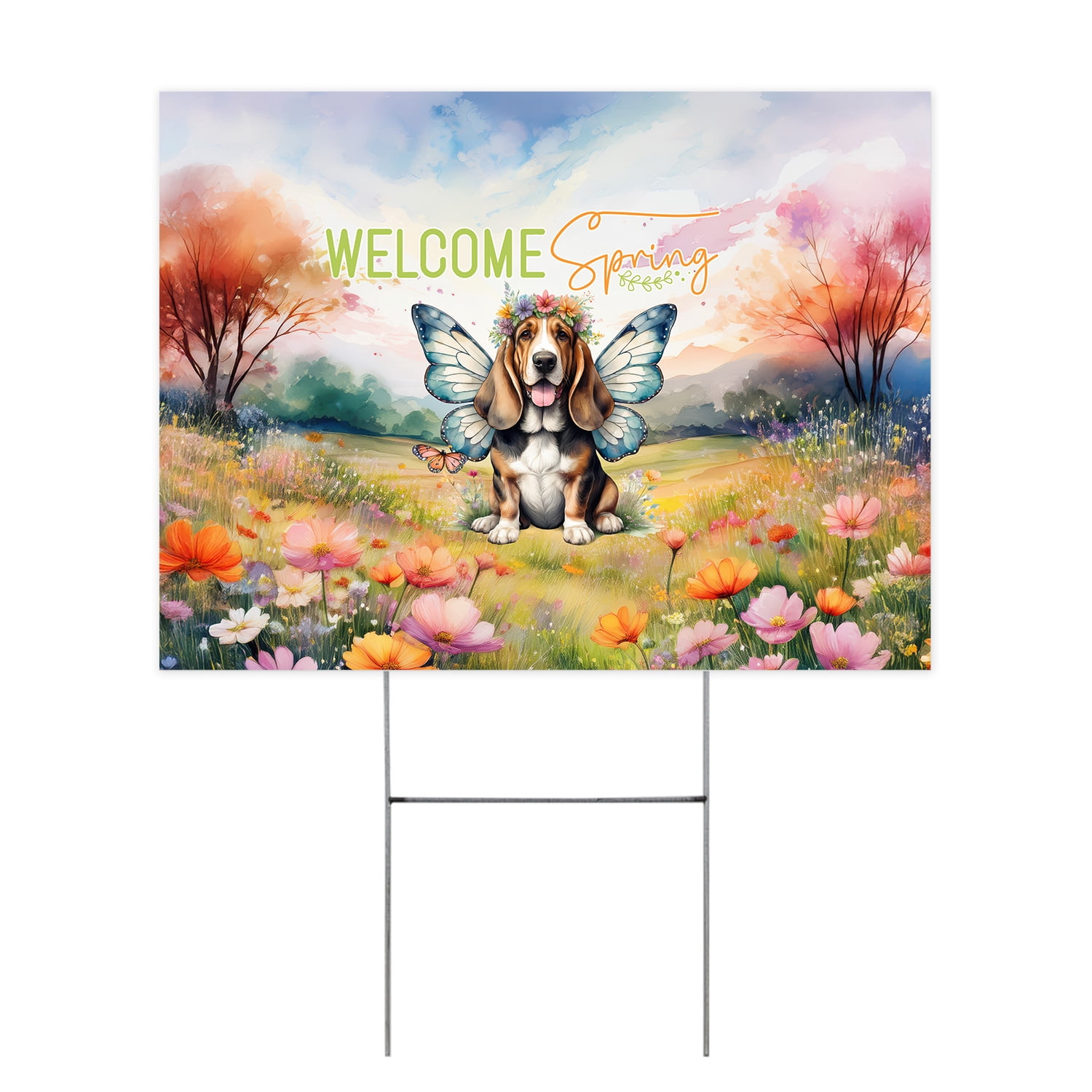Welcome Spring Fairy Basset Hound in Flower Meadow Yard Sign Bassets ...