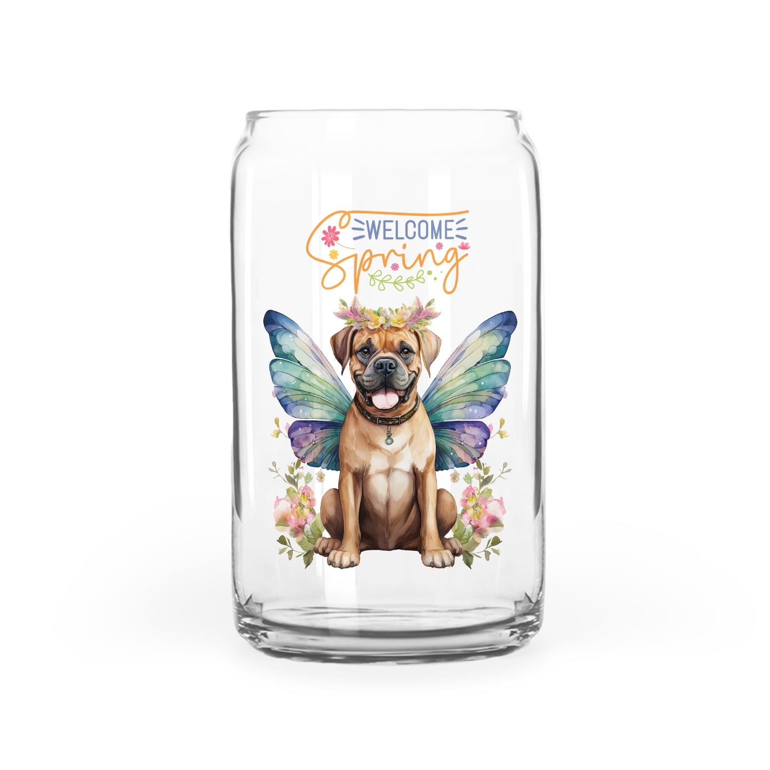 Welcome Spring Fairy Boxer In Flower Meadow 16oz Glass Cup Mug Boxers welcome-spring-fairy-boxer-in-flower-meadow-16oz-glass-cup-mug-boxers