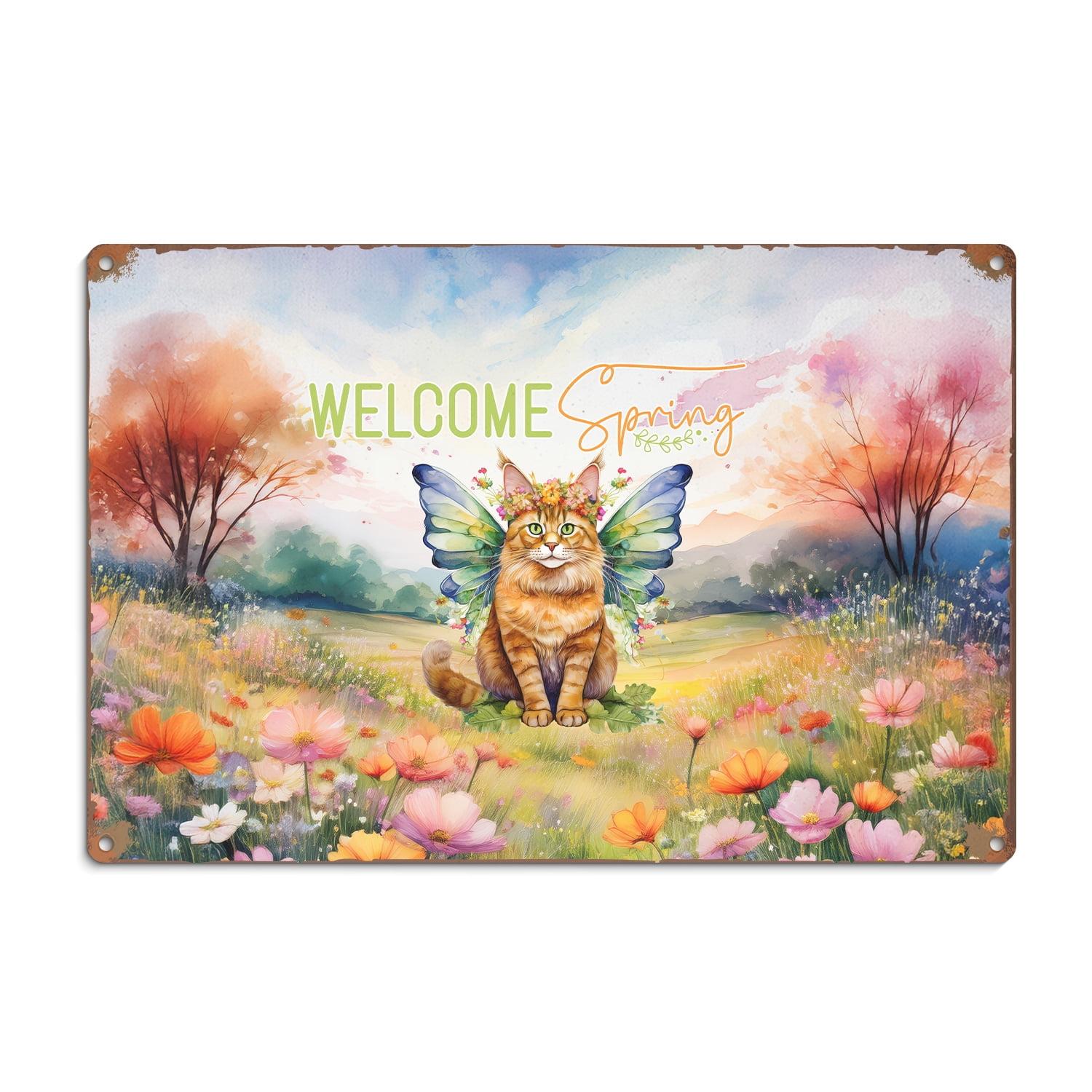 Welcome Spring Fairy Maine Coon in Flower Meadow Horizontal Metal ...