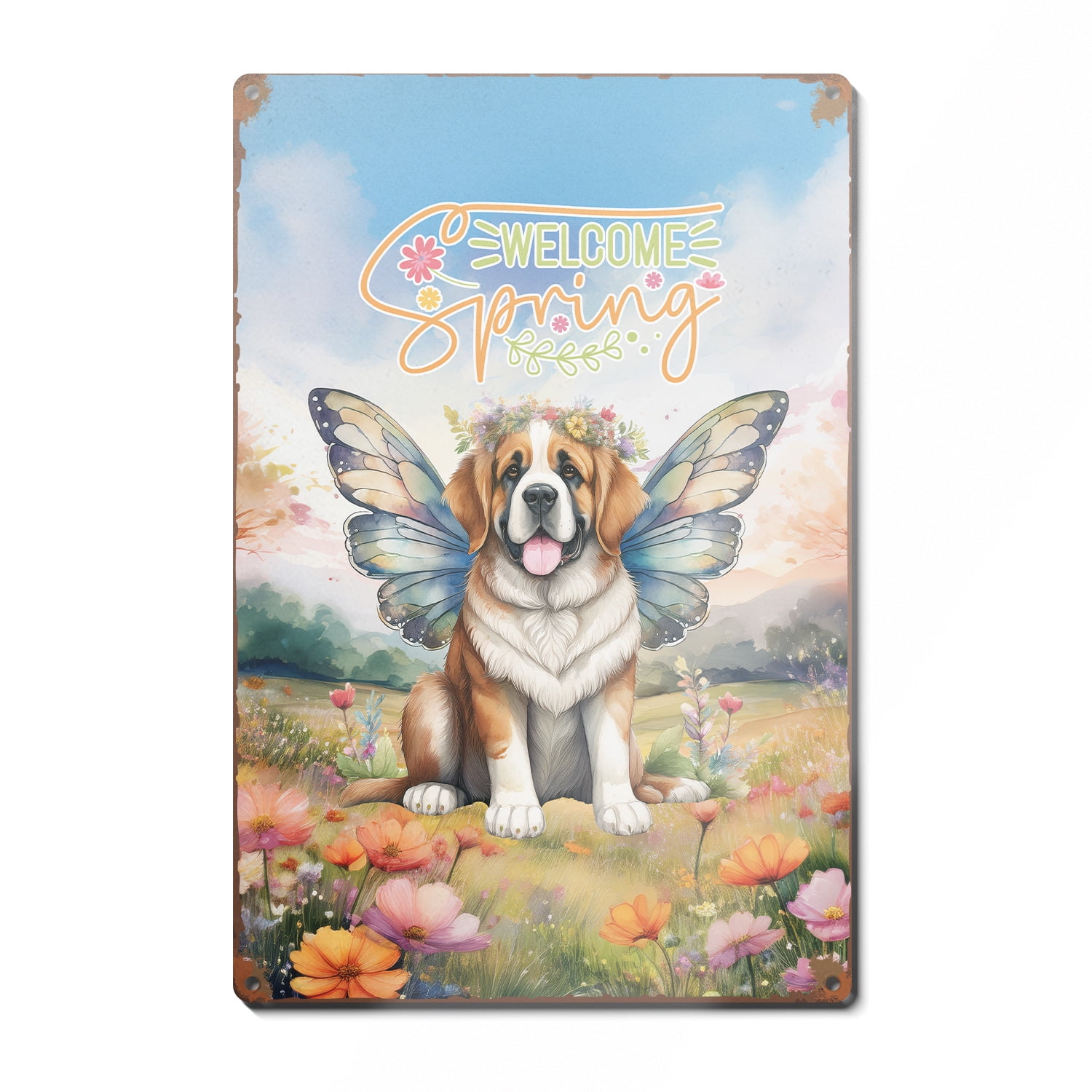 Welcome Spring Fairy Saint Bernard in Flower Meadow Vertical Metal ...