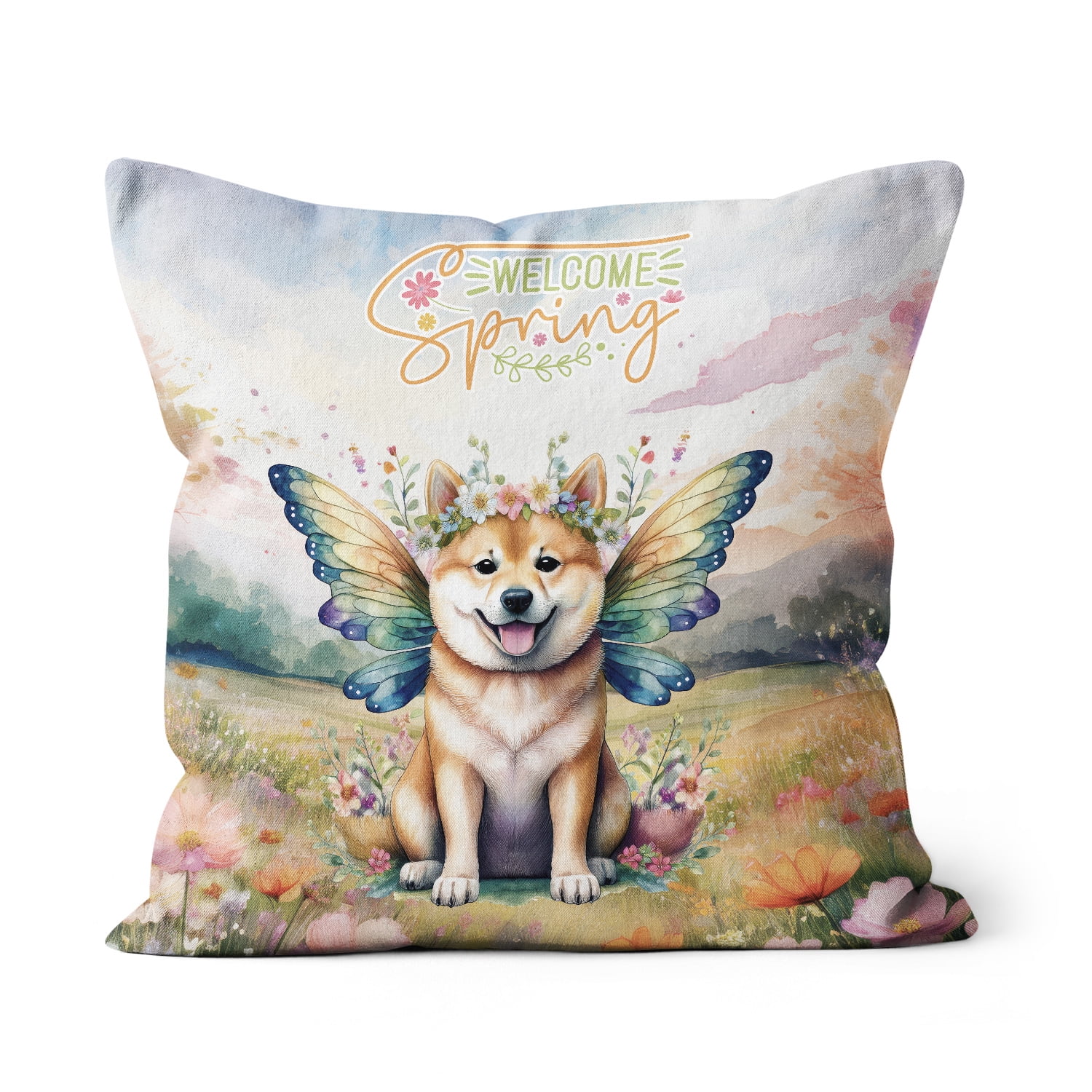 Welcome Spring Fairy Shiba Inu In Flower Meadow Pillow Cushion Double welcome-spring-fairy-shiba-inu-in-flower-meadow-pillow-cushion-double