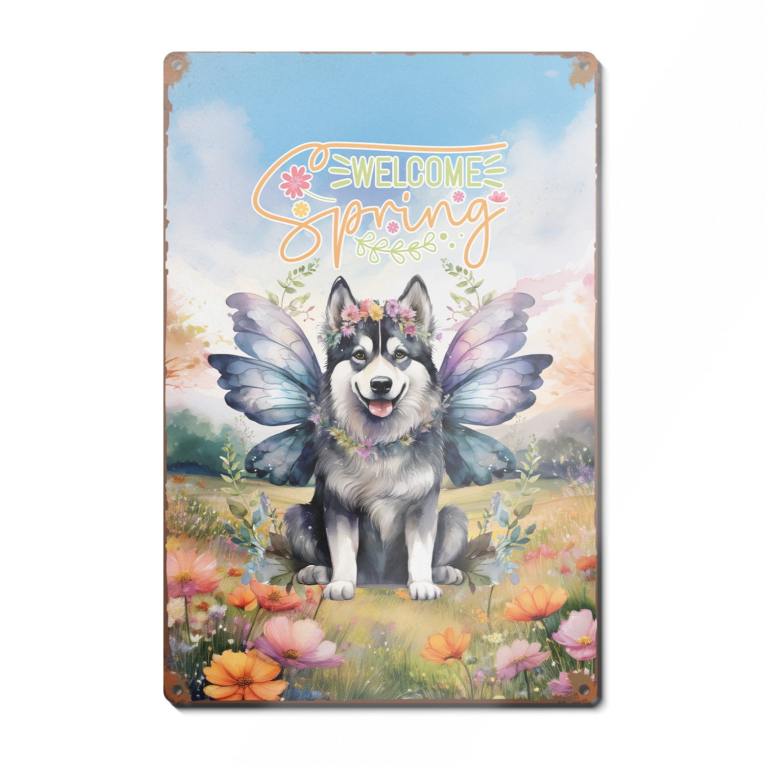 Welcome Spring Fairy Siberian Husky in Flower Meadow Vertical Metal ...