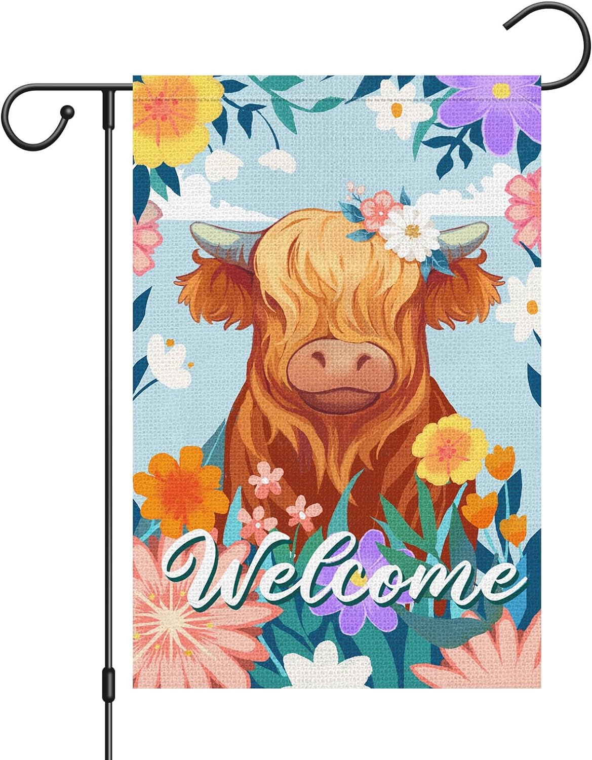 Welcome Spring Floral Cow Garden Flag Double Sided Vertical Highland ...