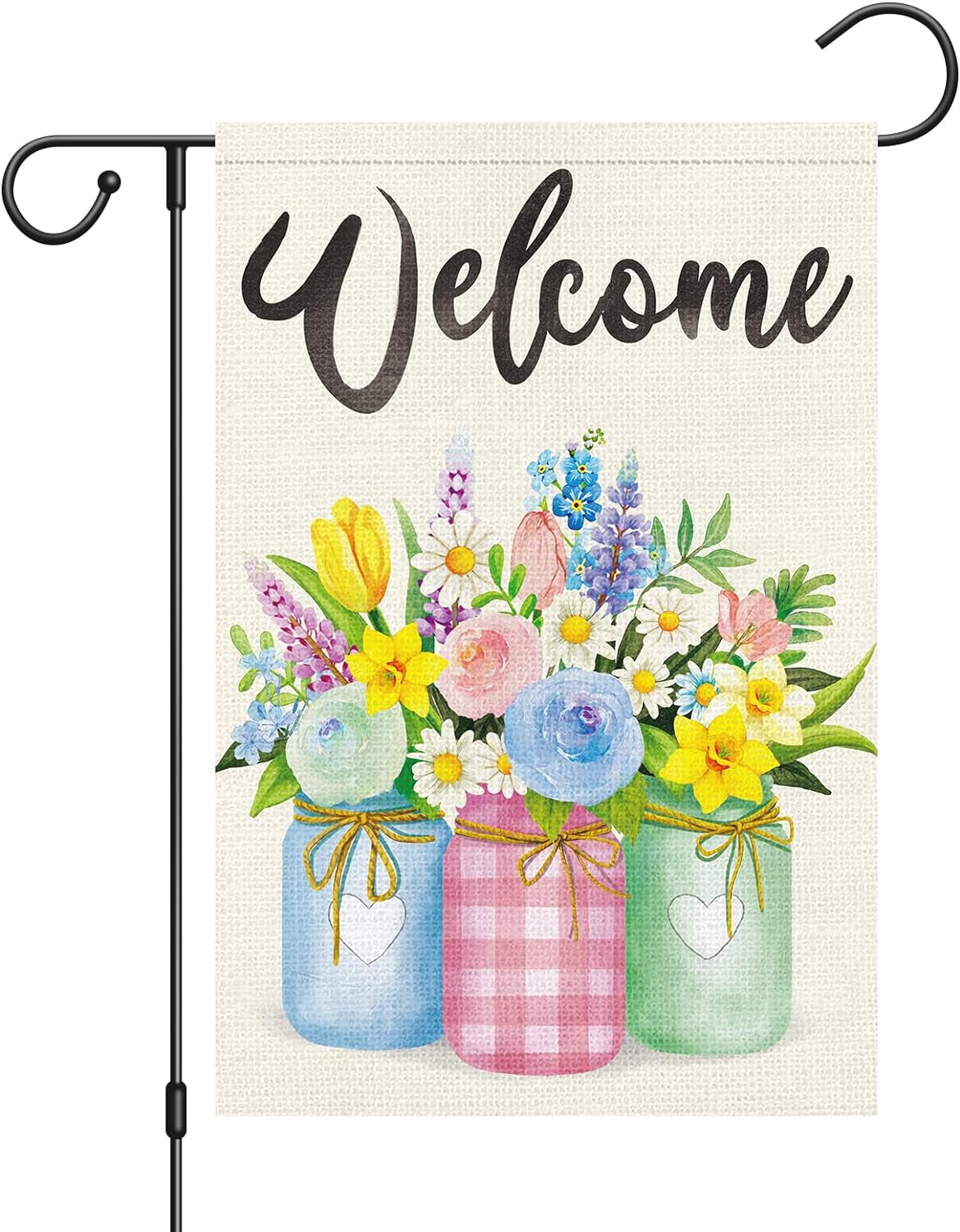 Welcome Spring Floral Garden Flag 12x28 inch Double Sided Burlap, Small Vertical Spring Summer ...
