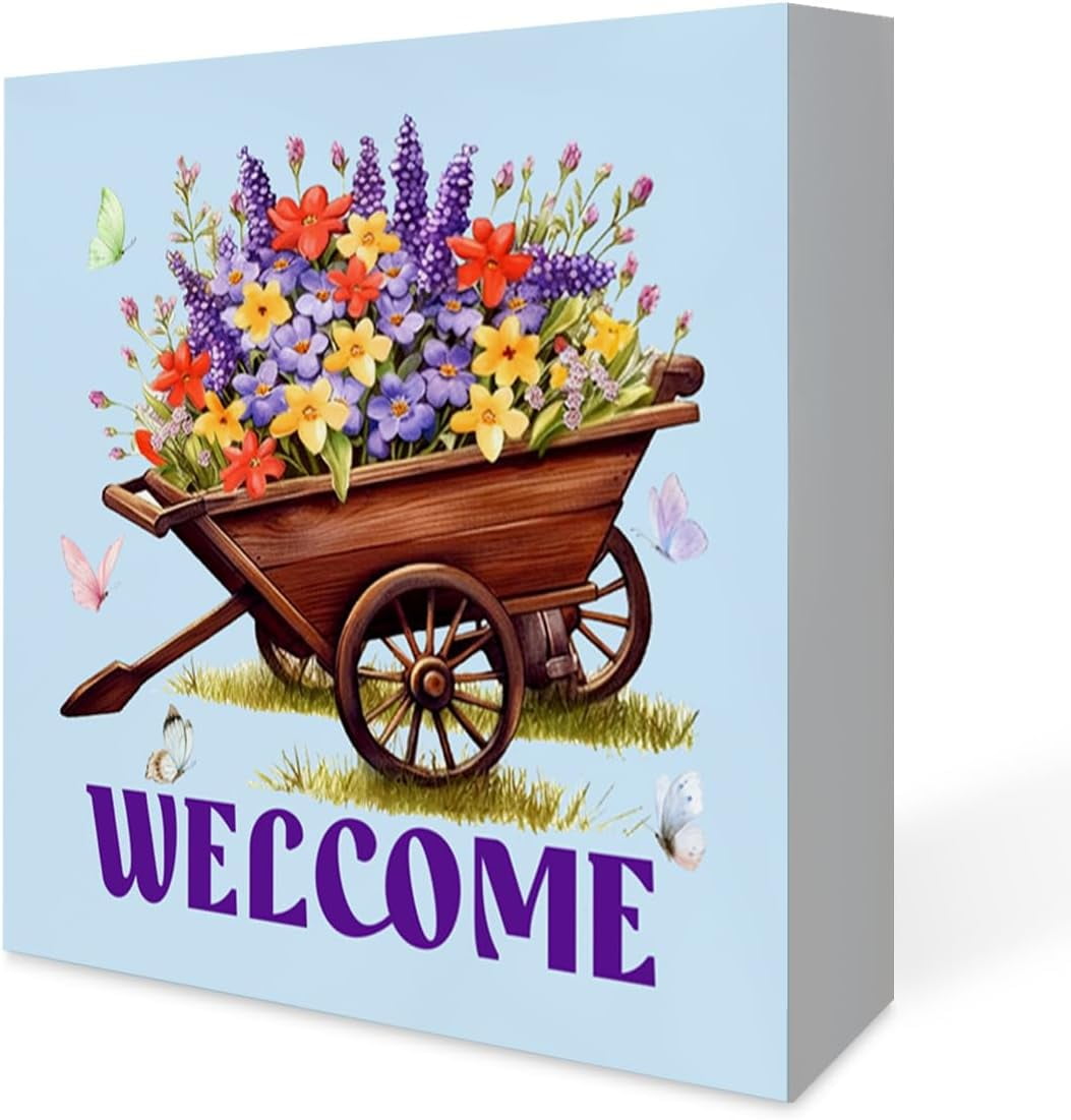 Welcome Spring Flowers Decor,Spring Wood Box Sign Home Decor Rustic ...
