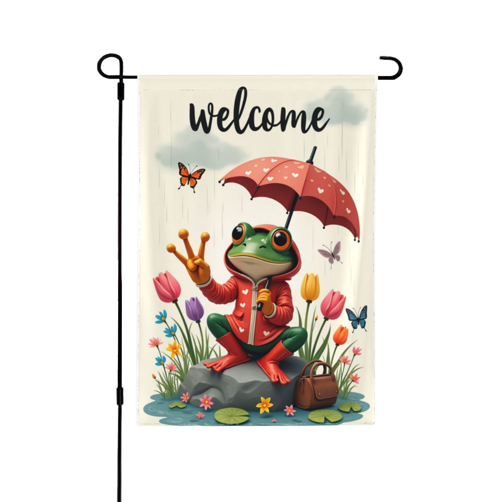 Welcome Spring Frog Garden Flag 12x18 Inch Double Sided， Rainy Day Frog ...
