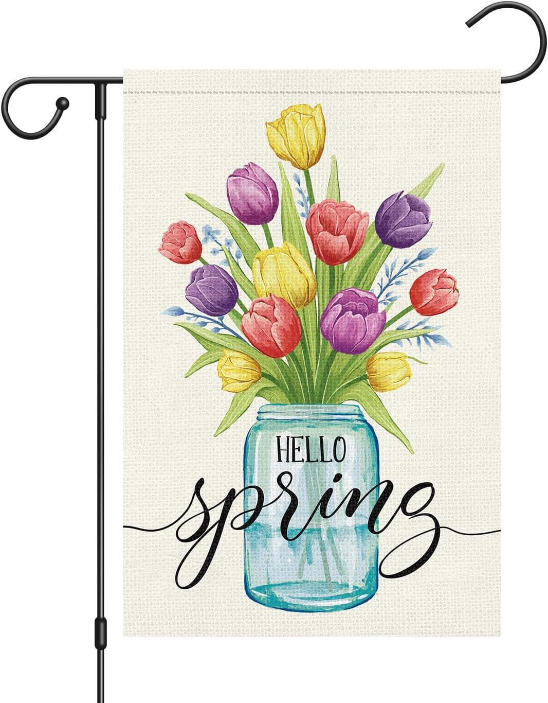 Welcome Spring Garden Flag 12x28 inch Double Sided Vertical, Burlap Small Mason Jar Tulip Flower ...