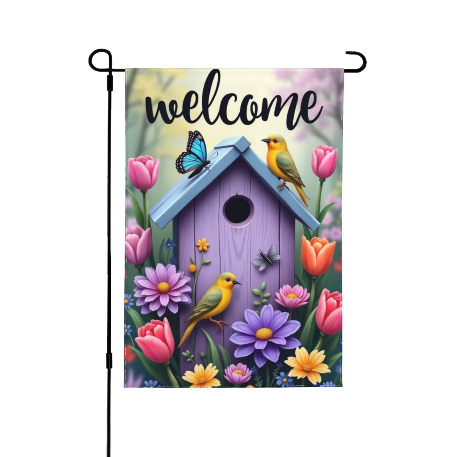 Welcome Spring Garden Flag Birdhouse Flowers Birds Butterfly Double ...