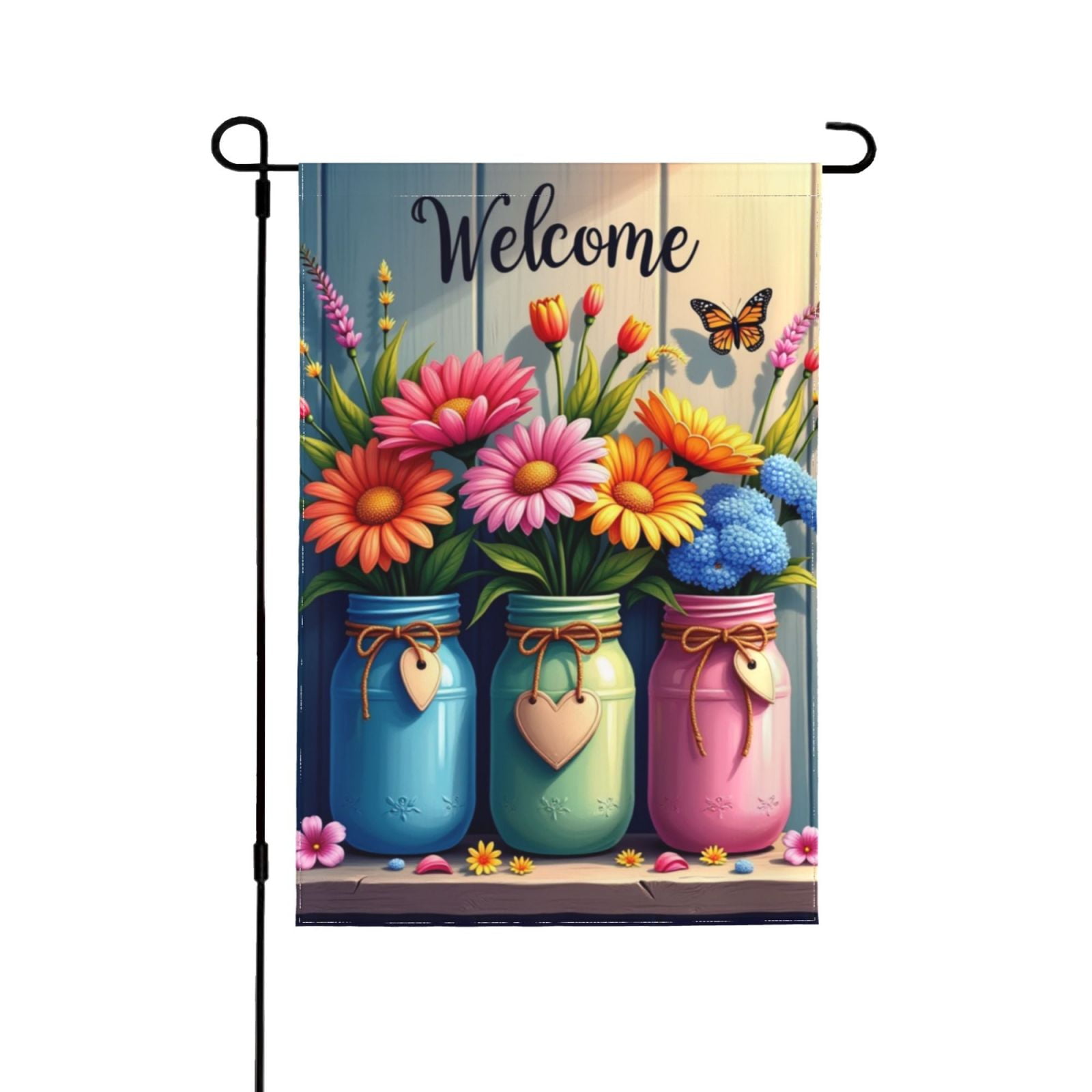 Welcome Spring Garden Flag Double Sided 12x18 Inch Floral Mason Jar ...