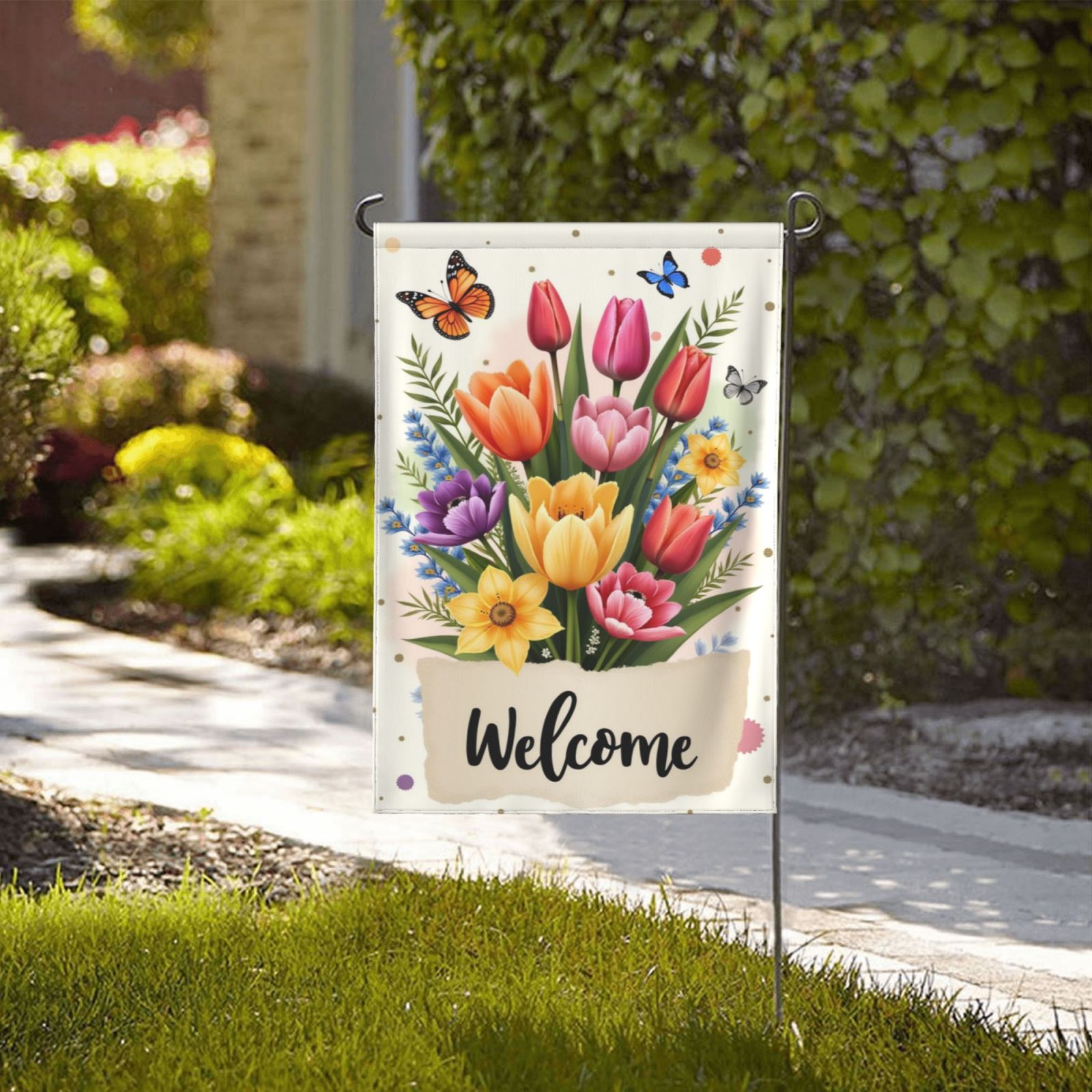 Welcome Spring Garden Flag DoubleSided Floral Tulip Butterfly Design ...