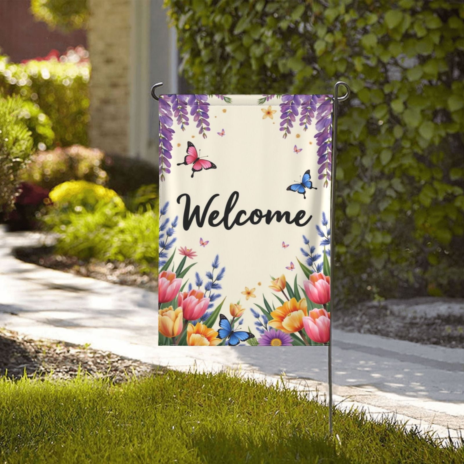 Welcome Spring Garden Flag With Tulips & Butterflies Double Sided 12x18 ...