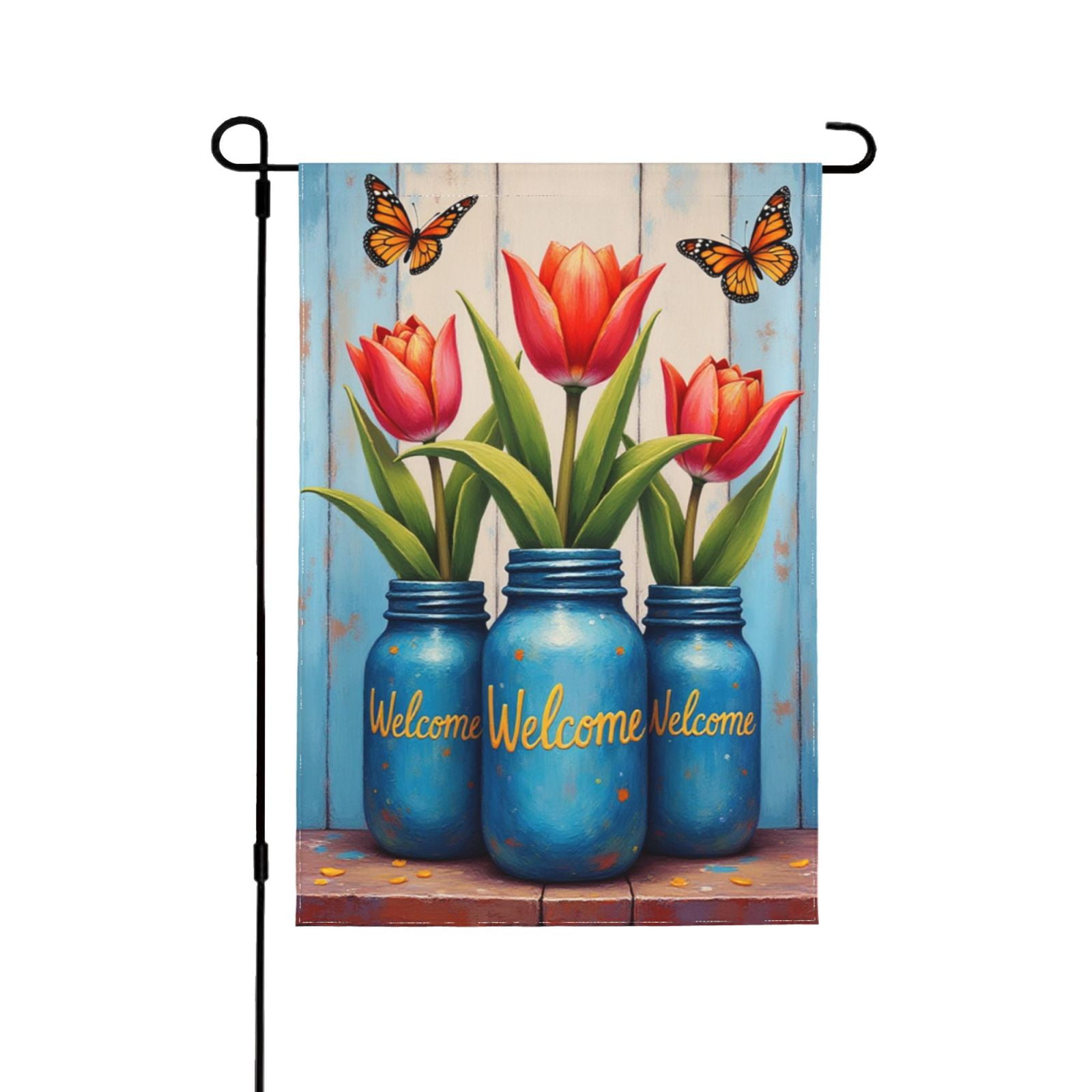 Welcome Spring Garden Flag With Tulips And Butterflies Double Sided ...
