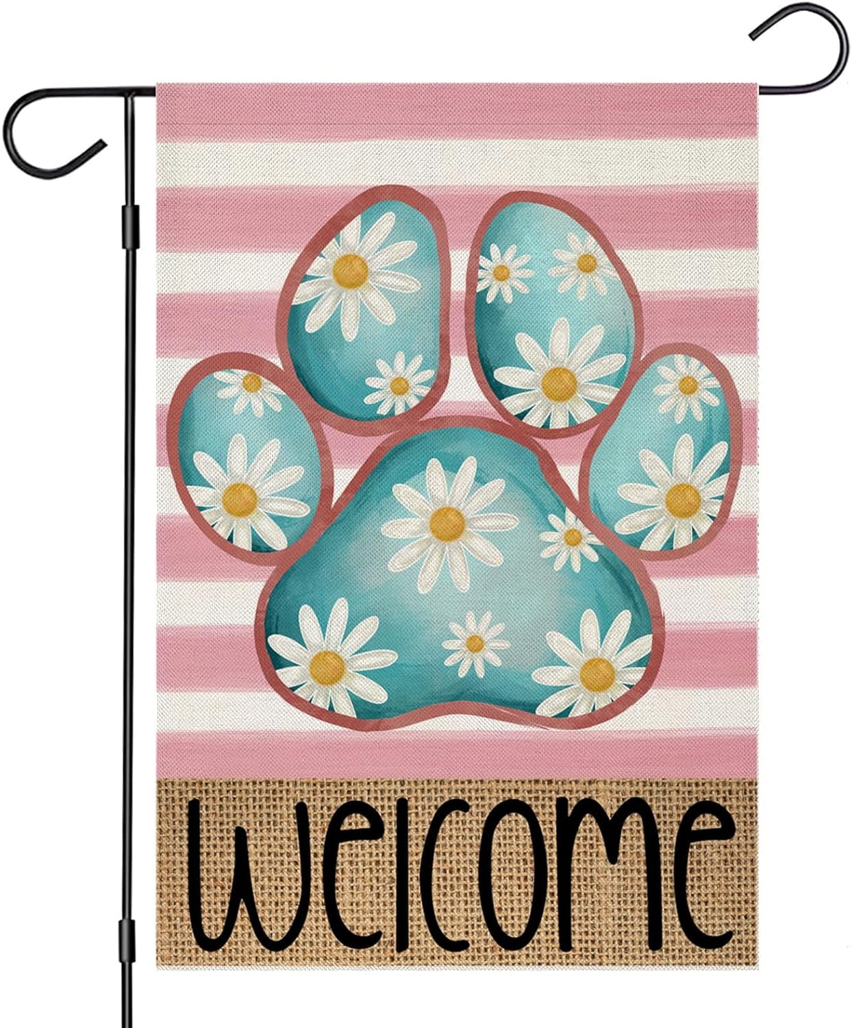 Welcome Spring Garden Flags for Outside, Dog Paw with Daisy Flowers Stripes Yard Decoration ...