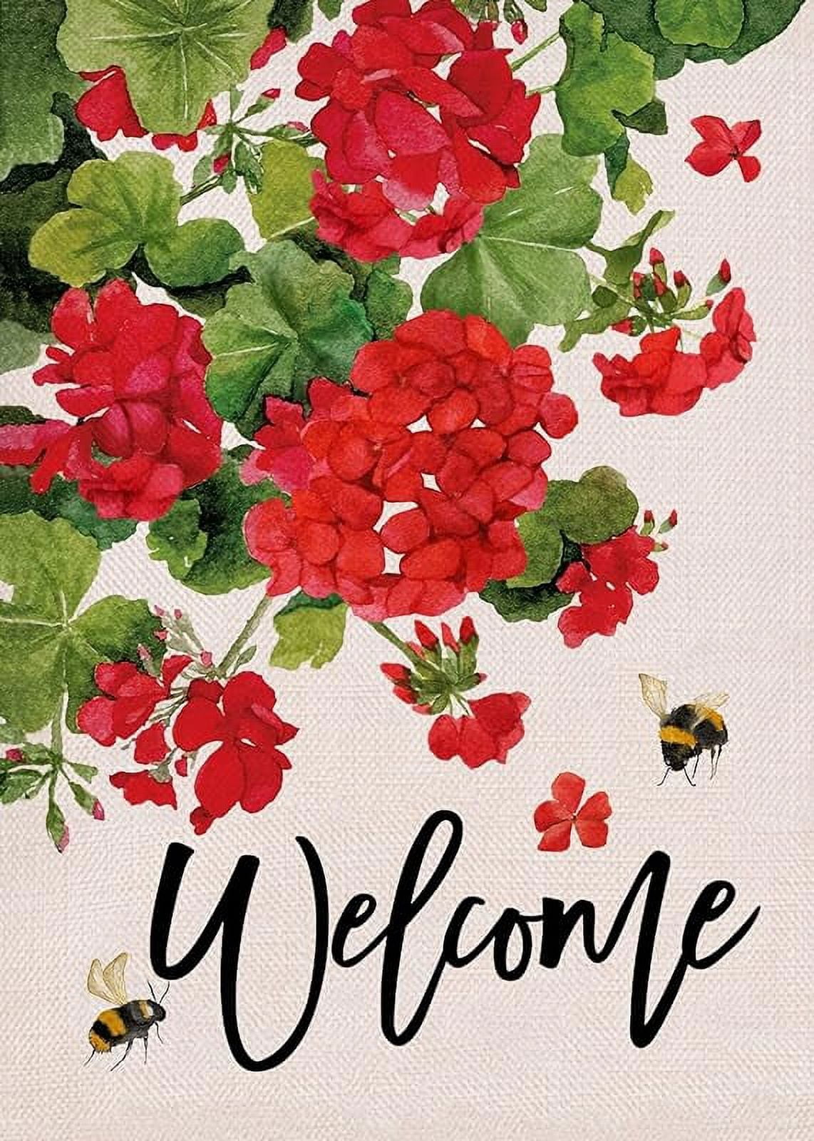 Welcome Spring Geranium Decorative Garden Flag, Red Floral Flowers Bee ...
