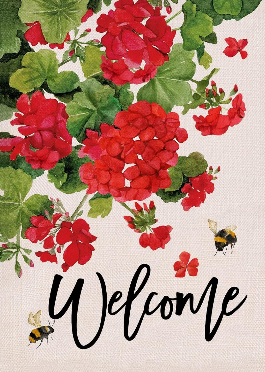 Welcome Spring Geranium Decorative Garden Flag, Red Floral Flowers Bee ...