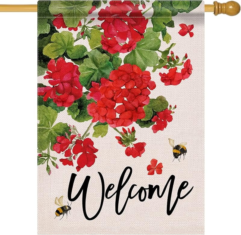 Welcome Spring Geranium Decorative Garden Flag, Red Floral Flowers Bee ...