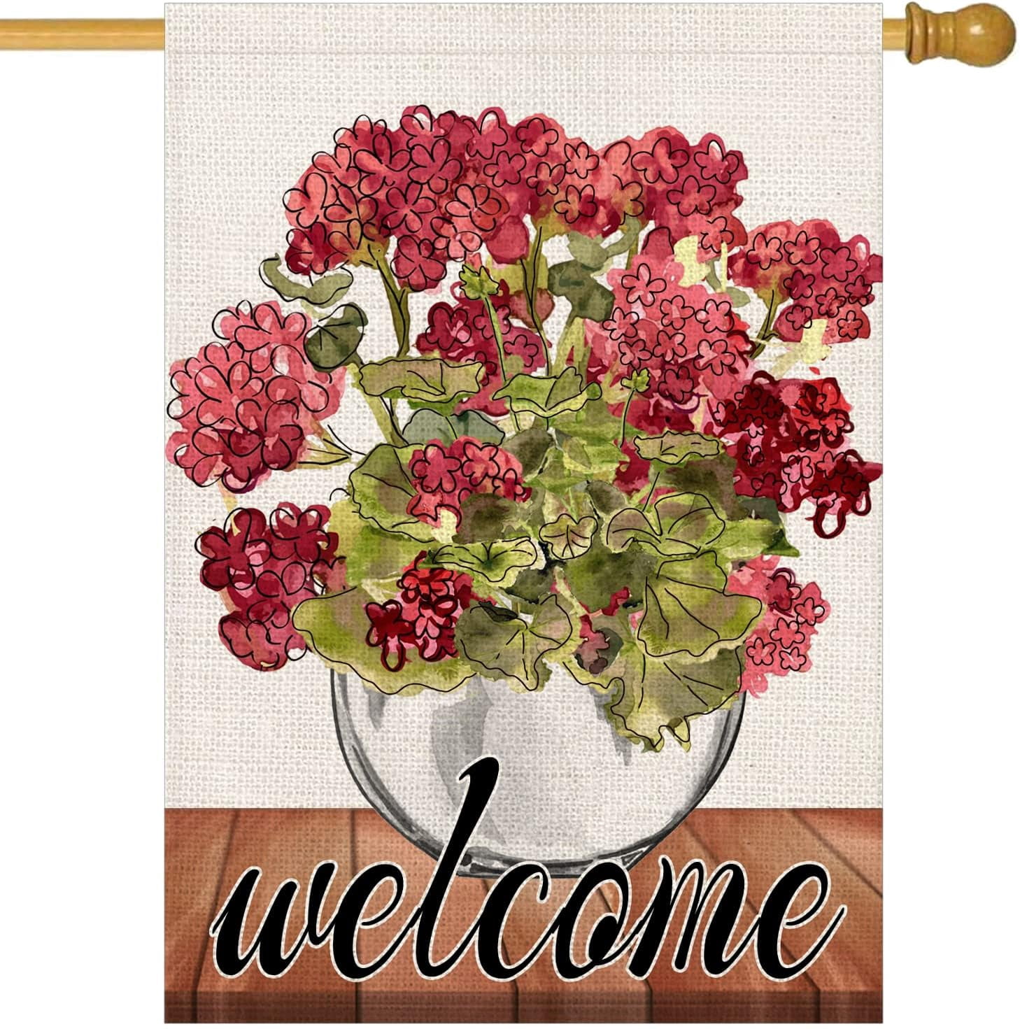 Welcome Spring Geranium Decorative House Flag Red Floral Flowers Green ...
