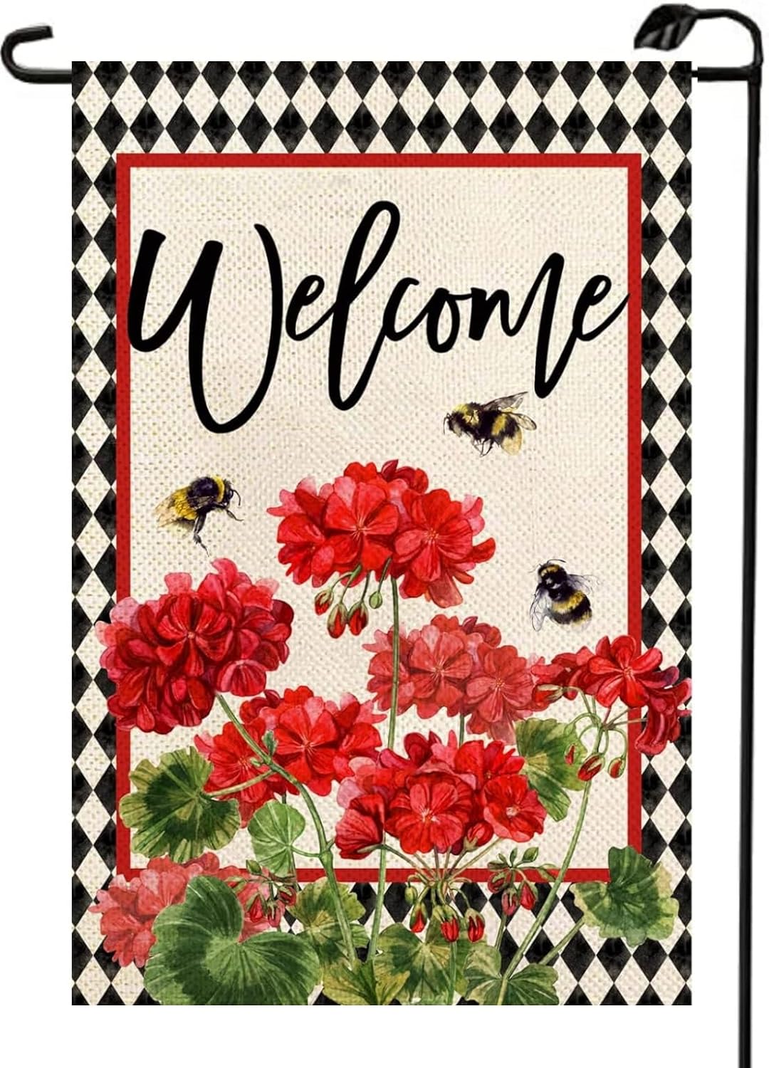 Welcome Spring Geranium Garden Flag Double Sided Summer Bee Red Floral ...