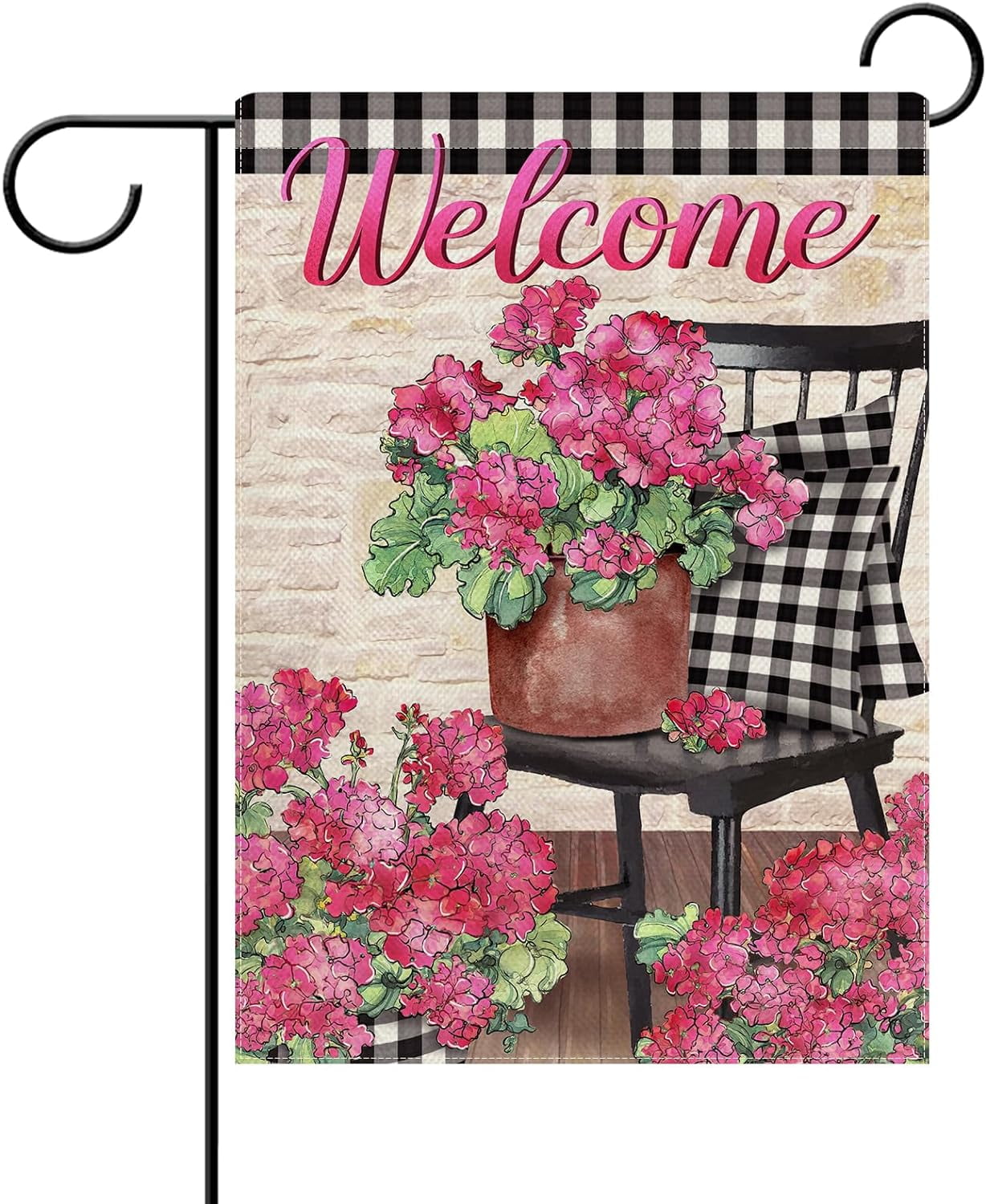 Welcome Spring Geranium Pink Flower Decorative Garden Flag, Black ...