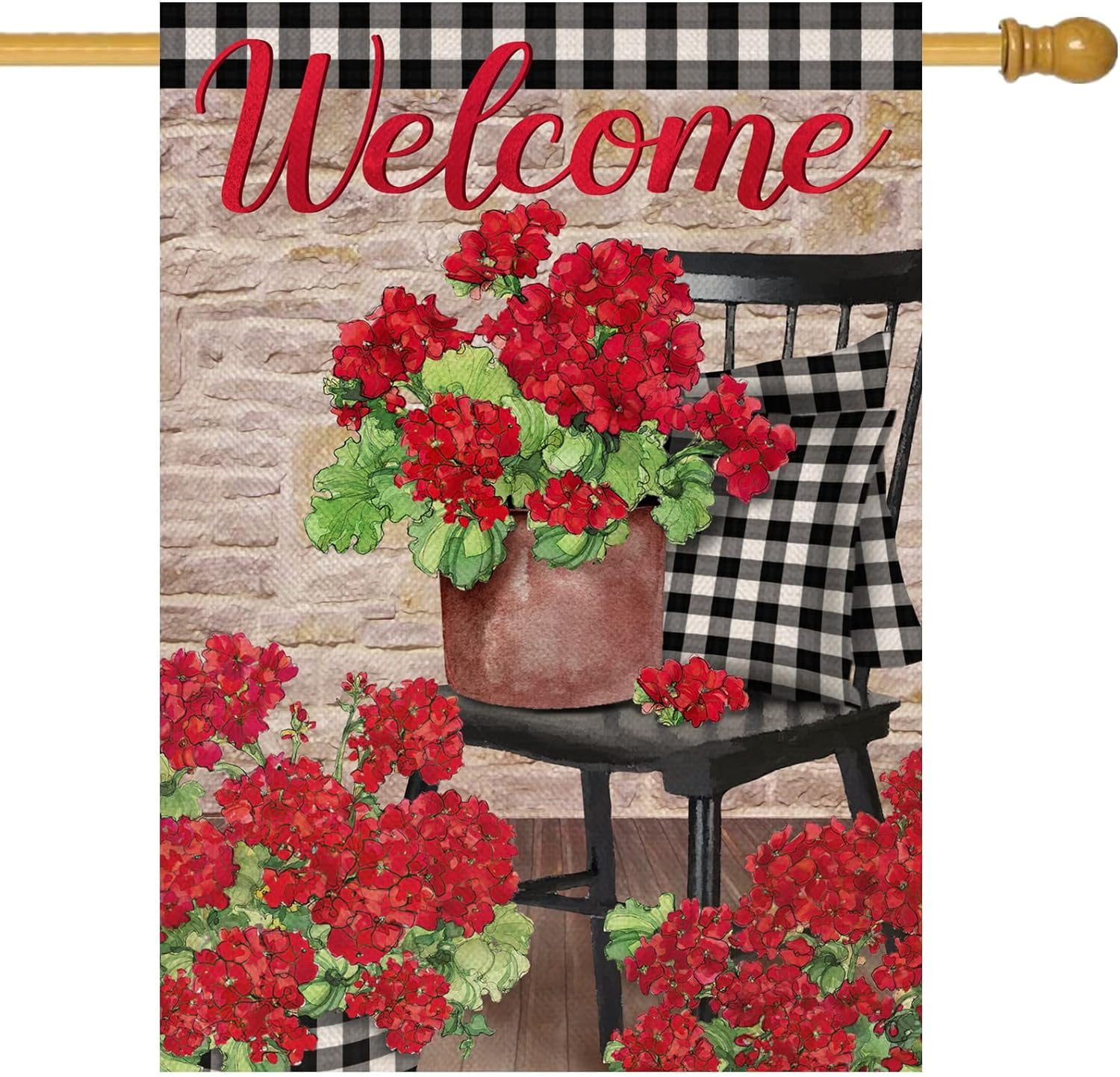 Welcome Spring Geranium Red Flower Decorative House Flag, Black White ...