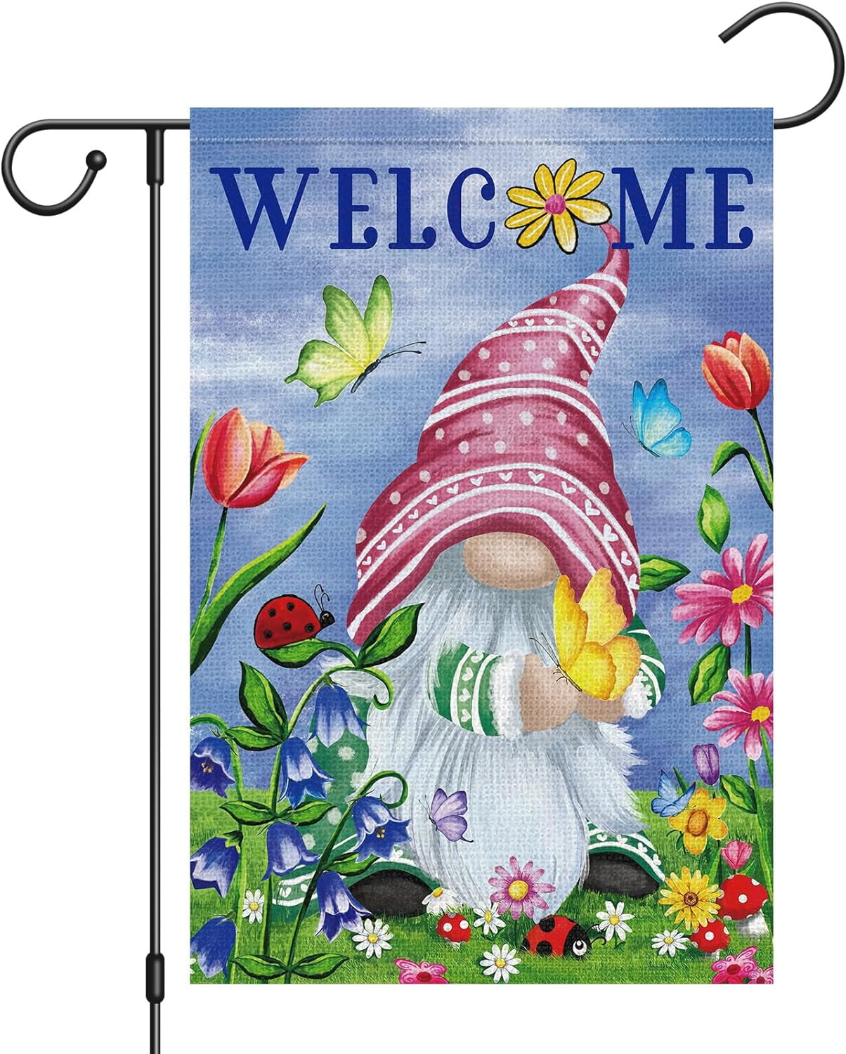 Welcome Spring Gnome Garden Flag 12x18 Double Sided Burlap Butterfly ...