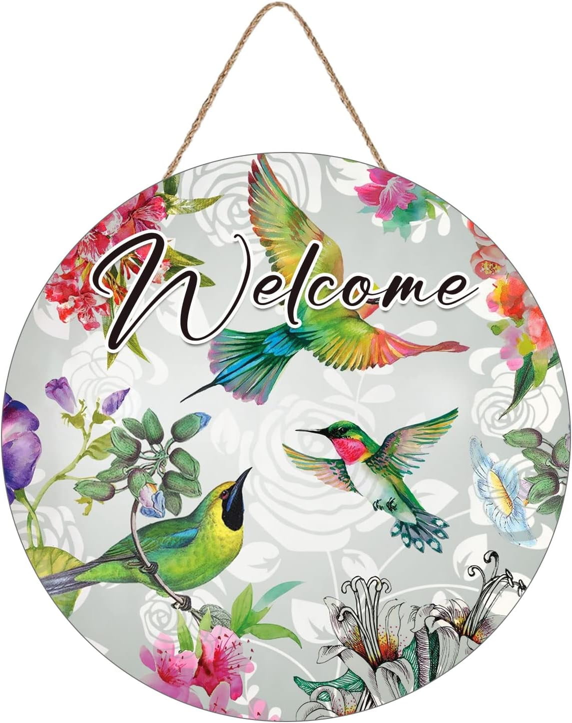 Welcome Spring Hummingbird Sign for Front Door Decor, Floral Flowers ...