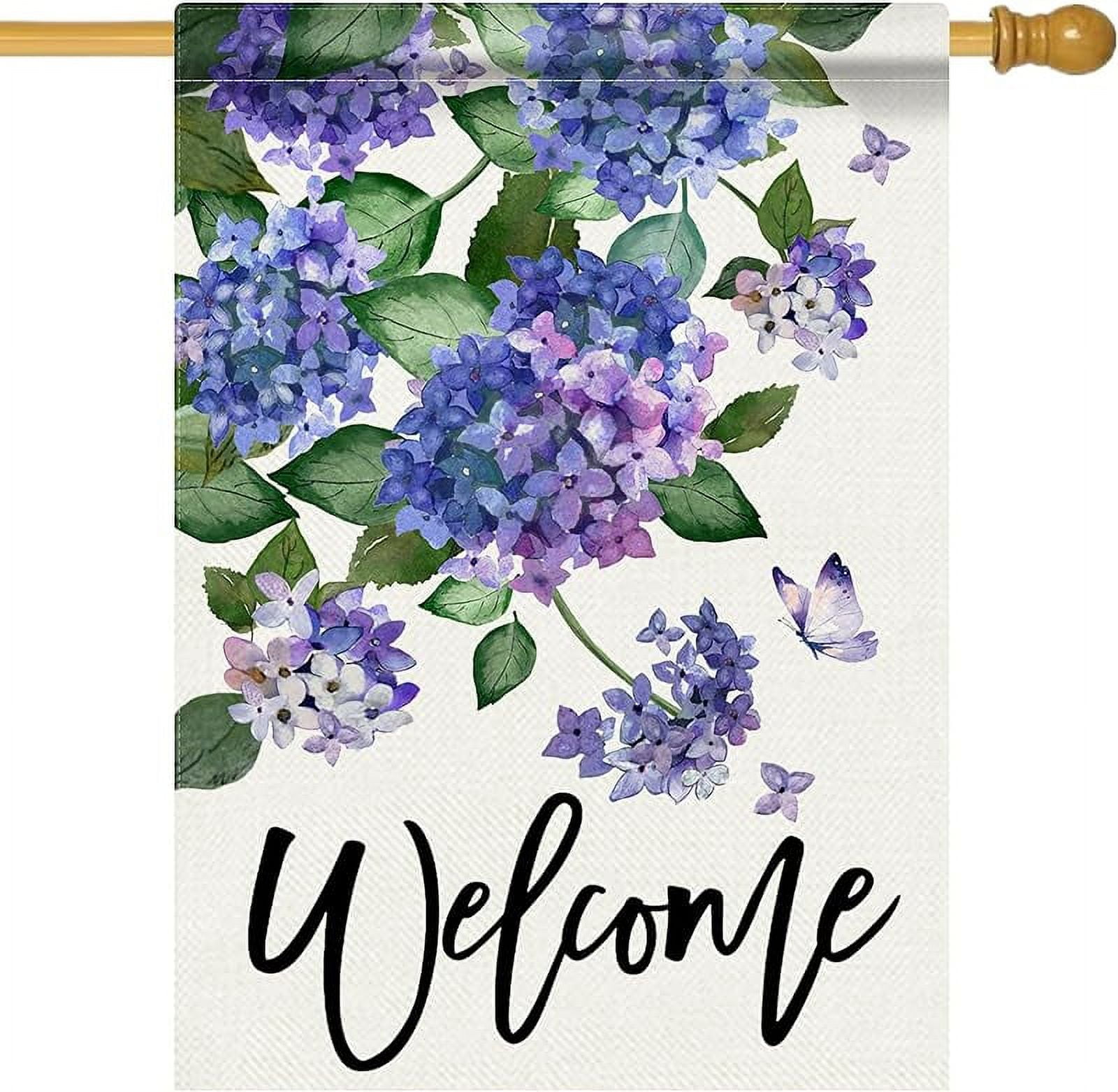 Welcome Spring Hydrangea Decorative House Flag, Purple Floral Flowers ...