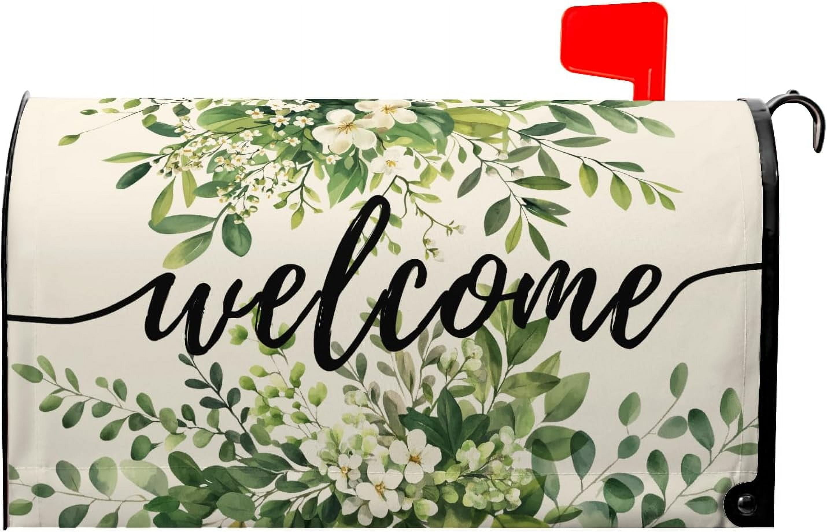 Welcome Spring Mailbox Cover Magnetic Green Eucalyptus Leaf Wreath ...