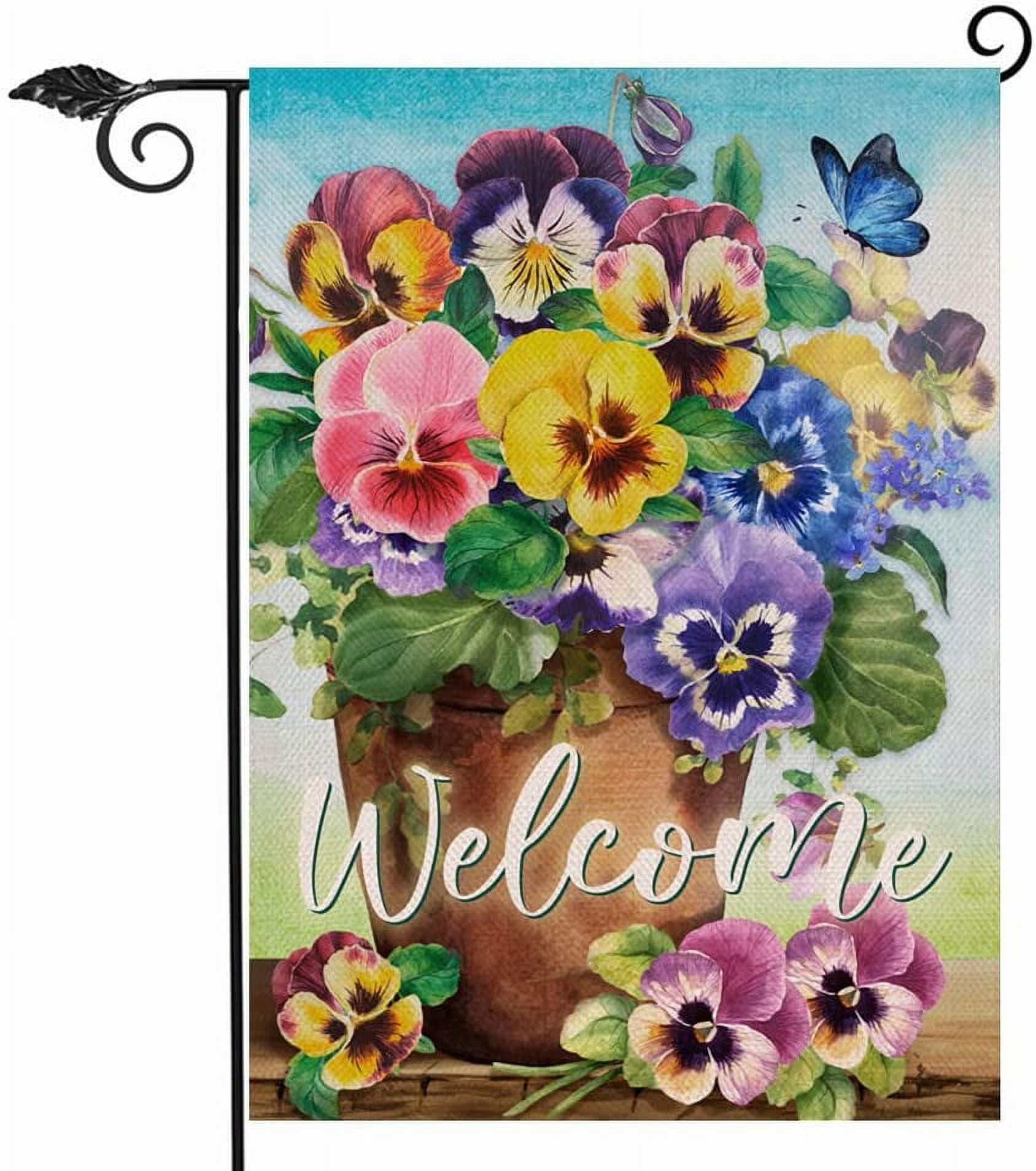 Welcome Spring Pansy Floral Garden Flag Double Sided, Flower Pot ...
