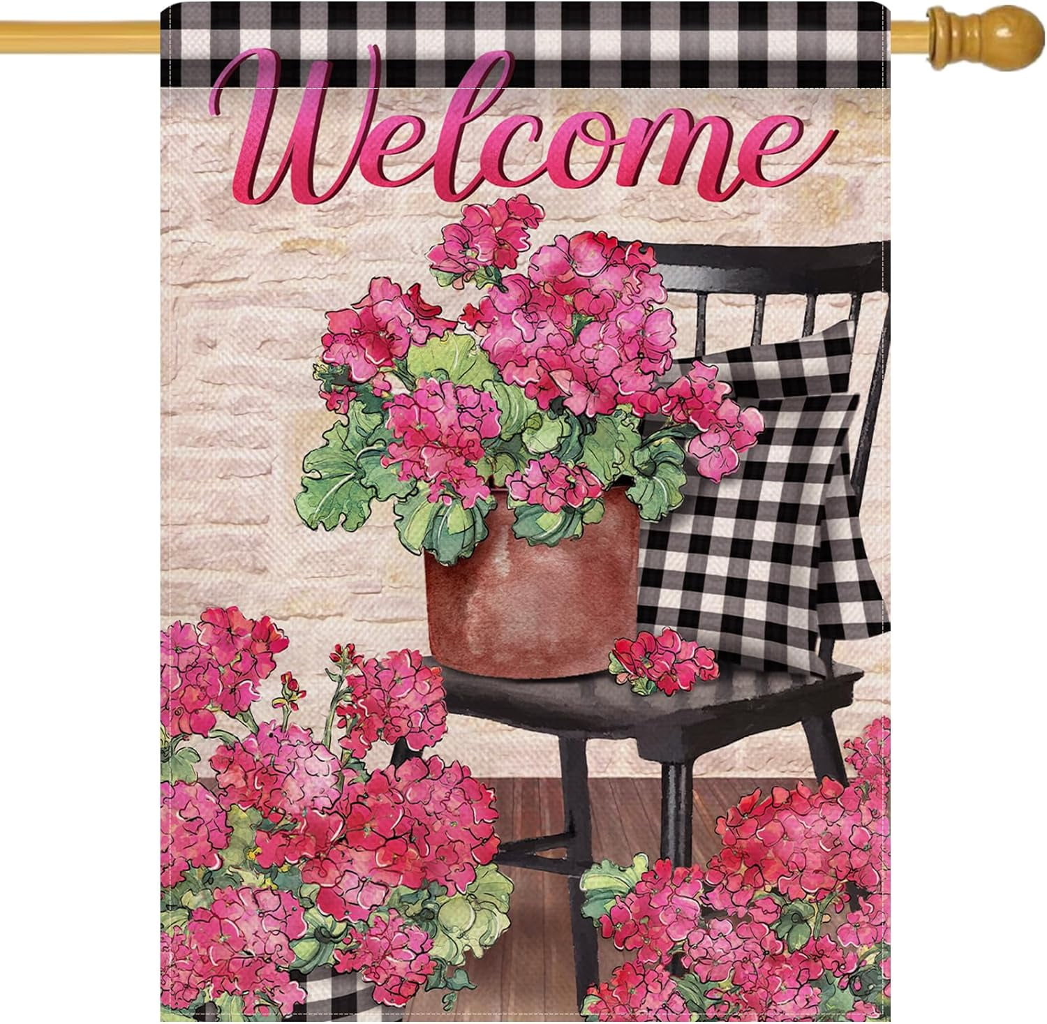 Welcome Spring Pink Geranium Flower 28 x 40 House Flag Double Sided ...