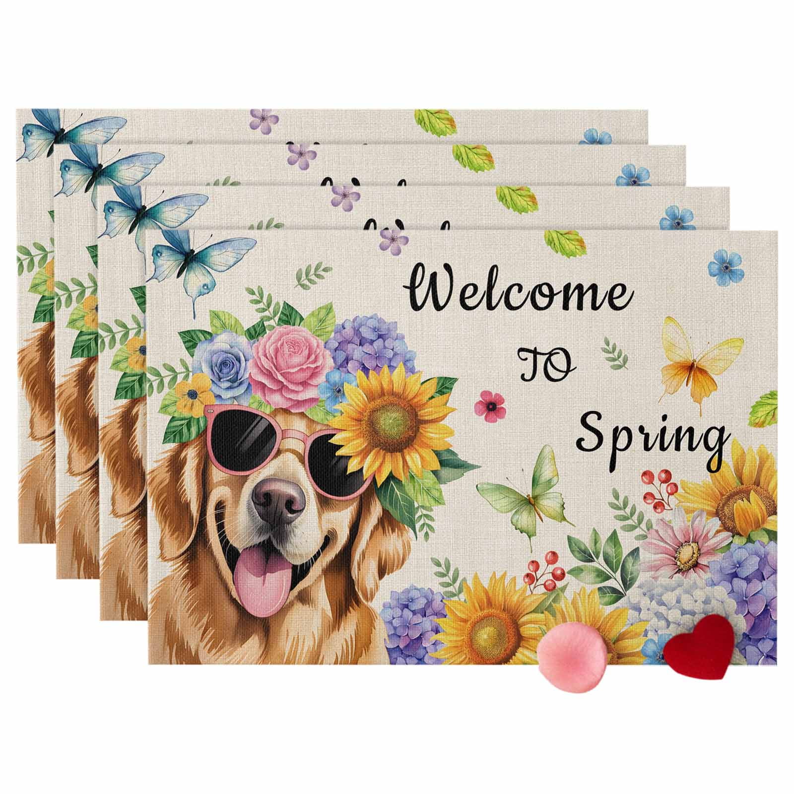 Welcome to Spring Placemats Set of 4, Watercolor Spring Dog Floral Leaf ...