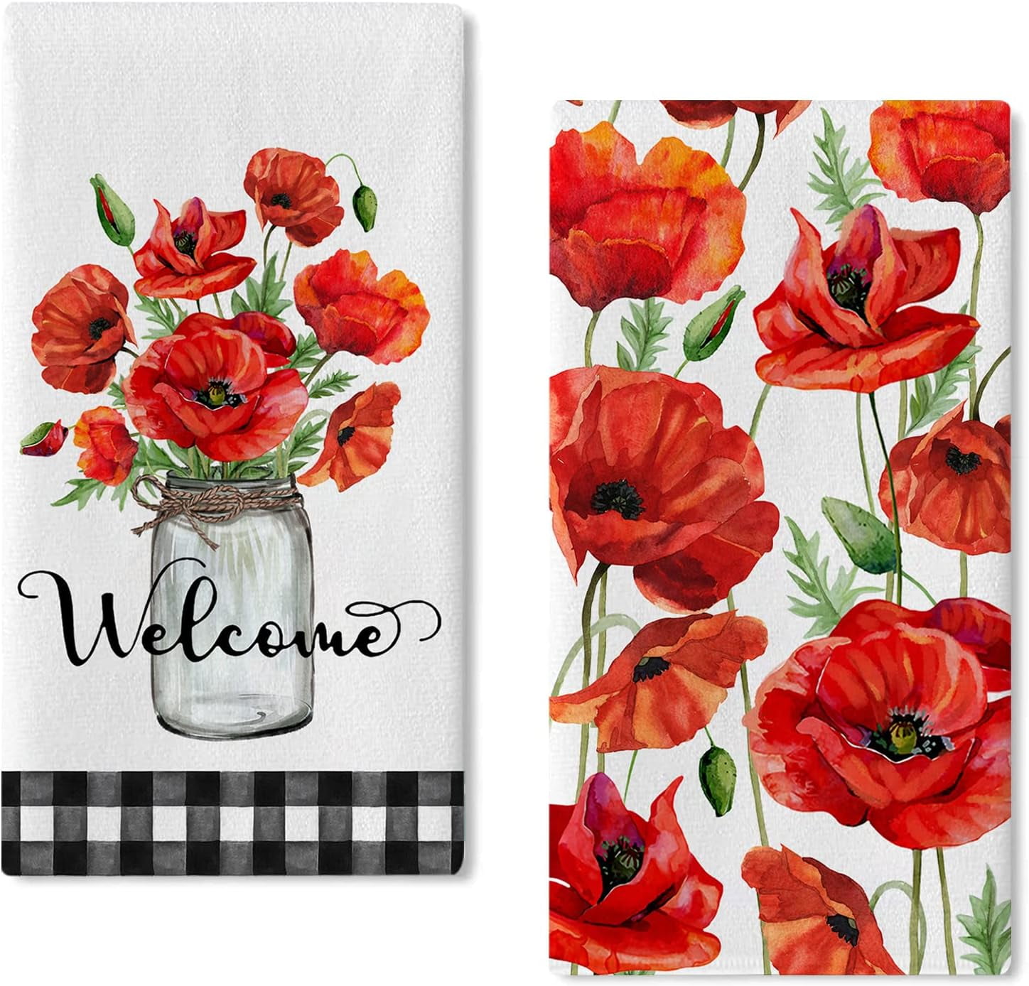 Welcome Spring Poppy Flower Kitchen Dish Towel Set of 2, Red Floral ...