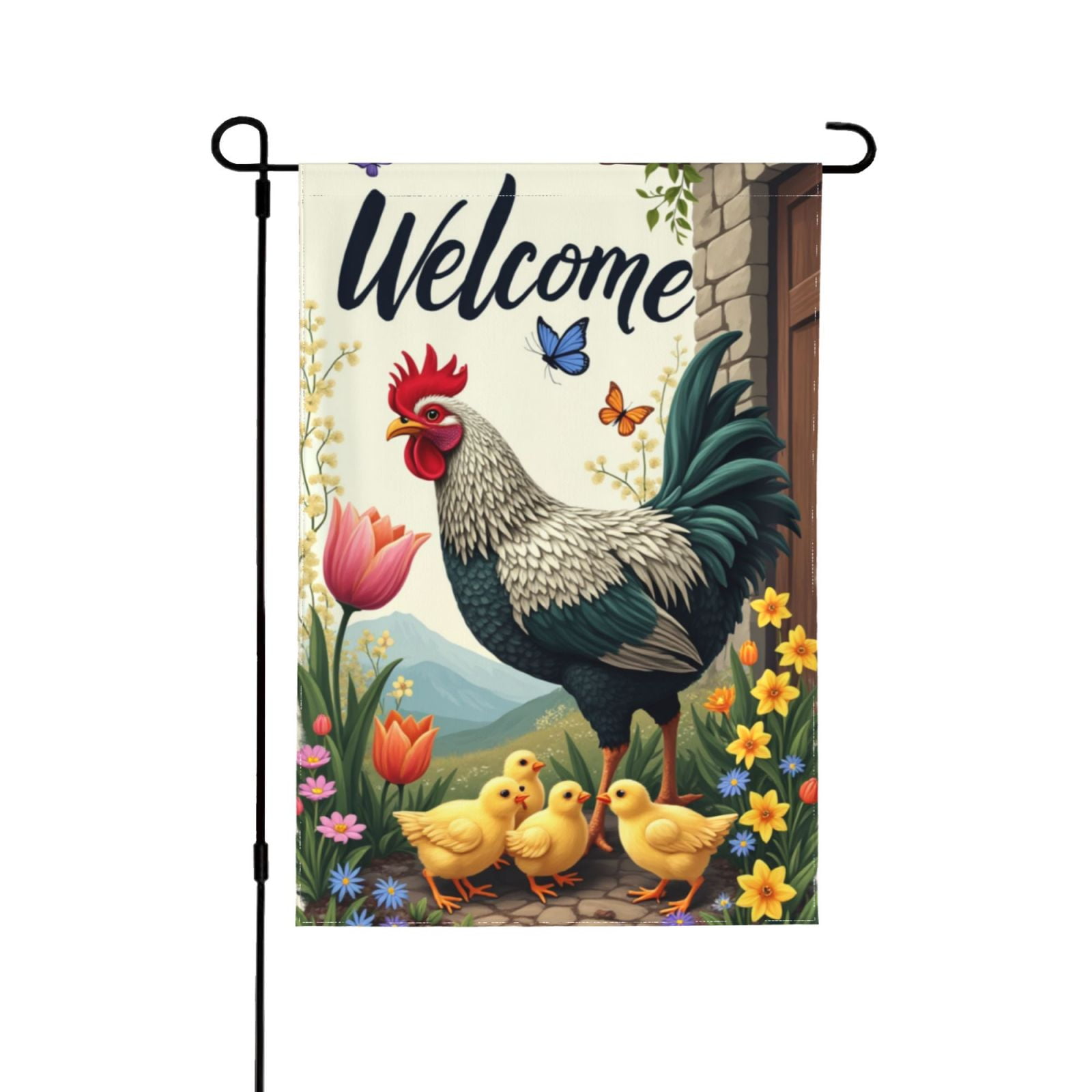 Welcome Spring Rooster Garden Flag， 12x18 Inch Double Sided Farmhouse Yard Flag， Colorful Floral ...